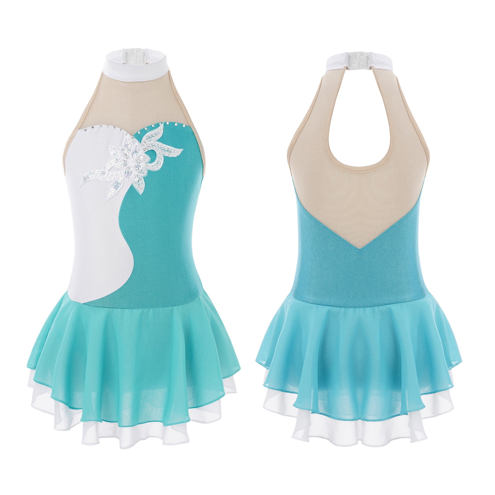 DPOIS Kids Girls Mesh Splice Shiny Rhinestone Dress Gymnastic Leotard ...