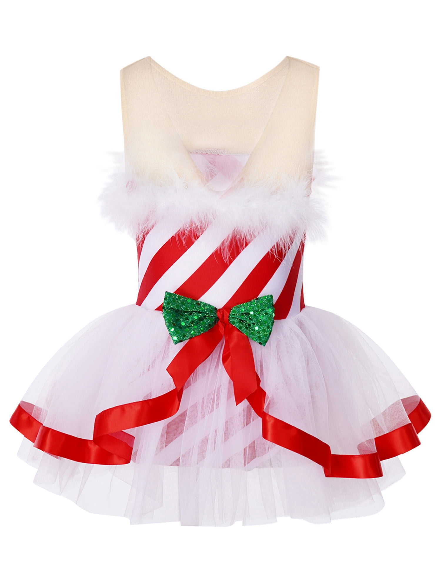 DPOIS Kids Girls Mesh Spliced Christmas Tutu Dress Candy Cane Costume ...