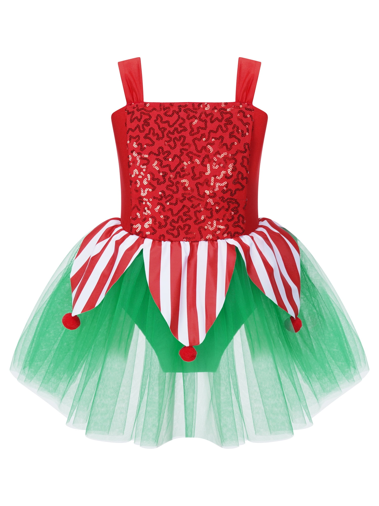 DPOIS Kids Girls Mesh Spliced Christmas Tutu Dress Candy Cane Costume ...