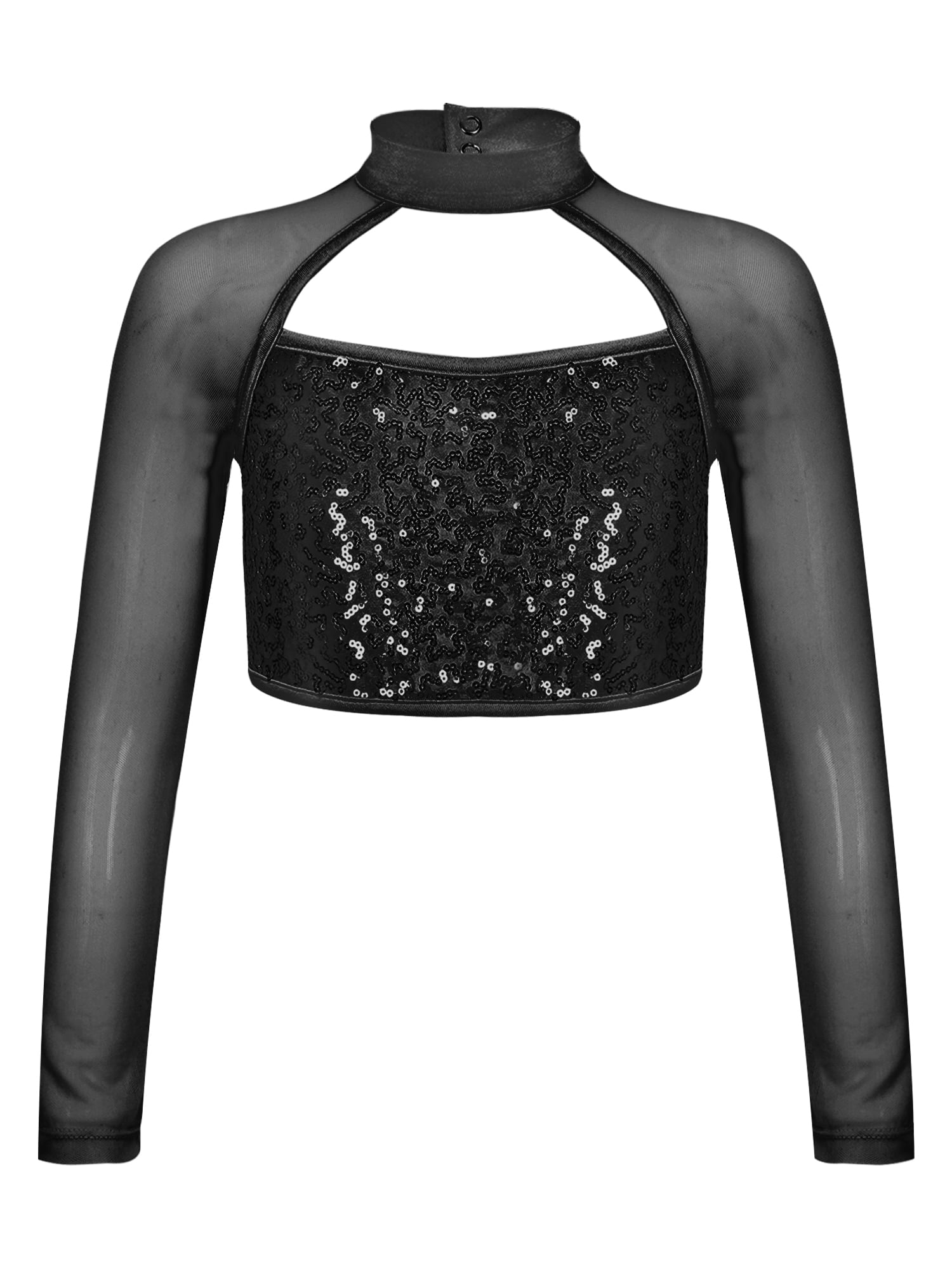 DPOIS Kids Girls Sequin Mock Neck Long Sleeve Gymnastics Dance Crop Top ...