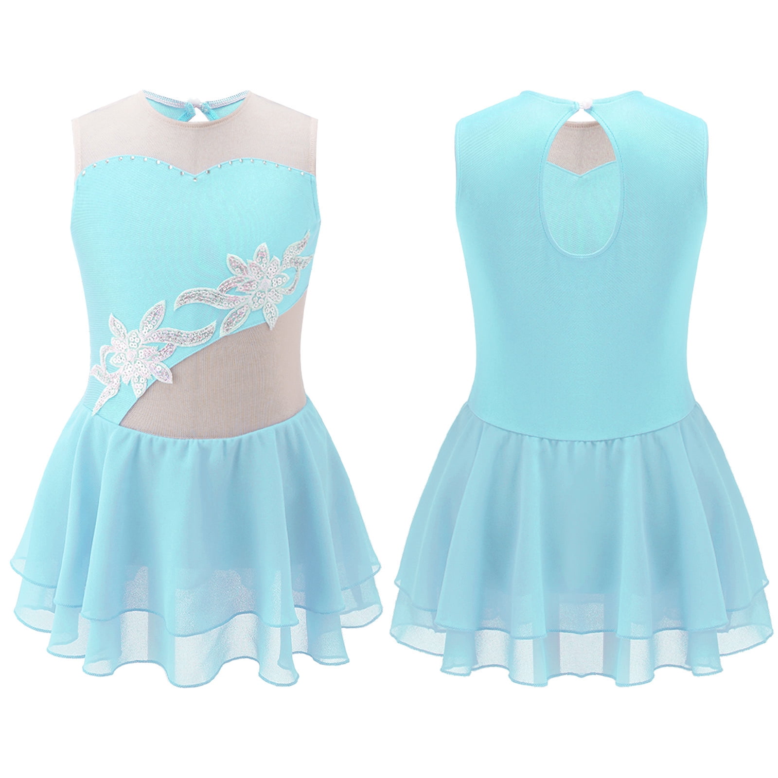 DPOIS Kids Girls Sequins Figure Ice Skating Dress Sleeveless Floral ...