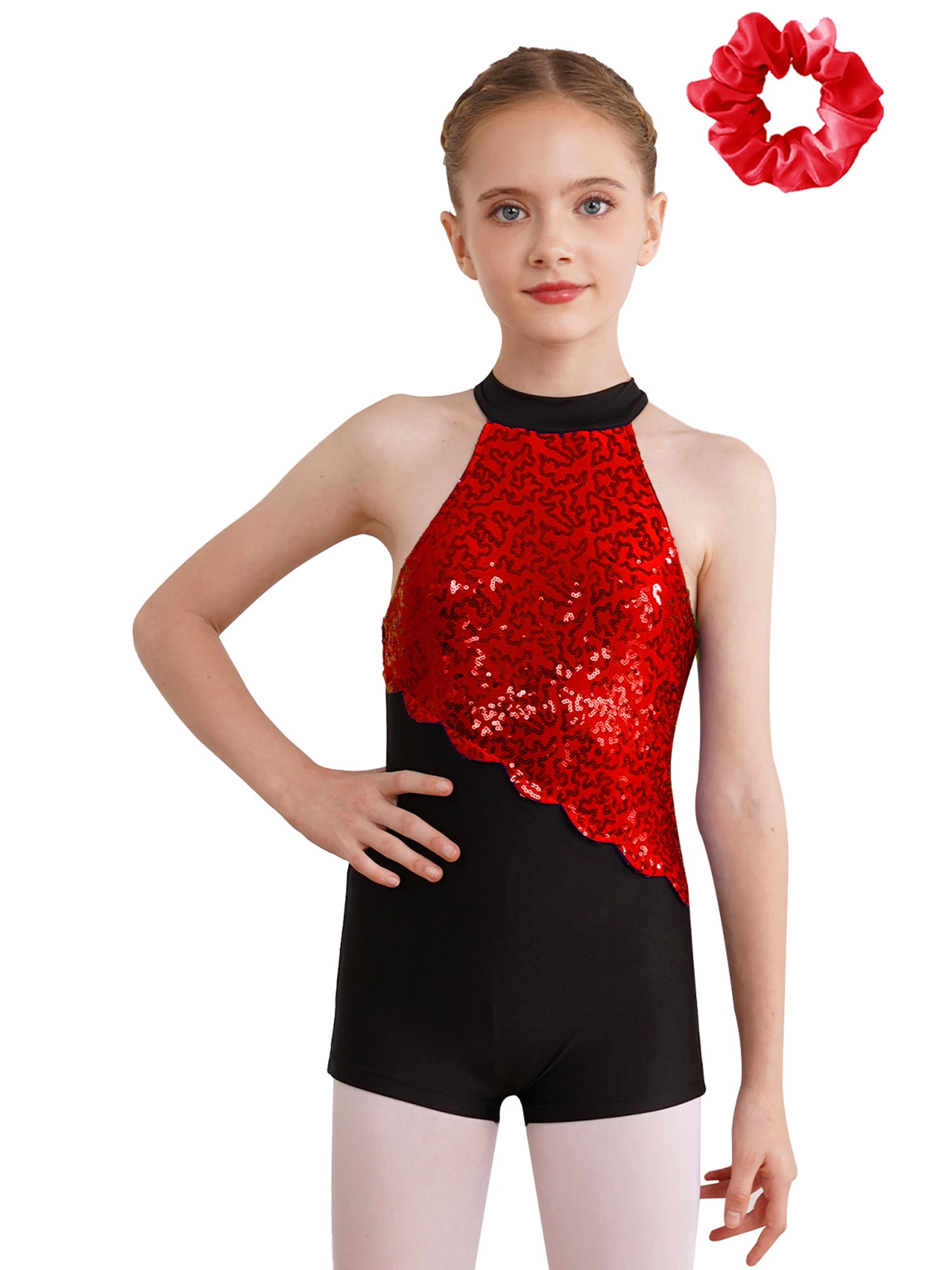 DPOIS Kids Girls Sequins Gymnastics Leotard Jumpsuit with Headwear Red ...
