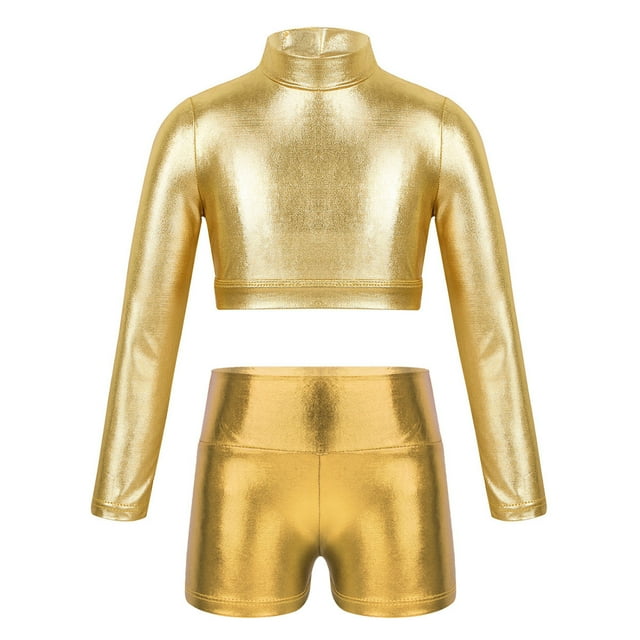 DPOIS Kids Girls Shiny Metallic Sports Dance Outfits Gymnastic Crop ...