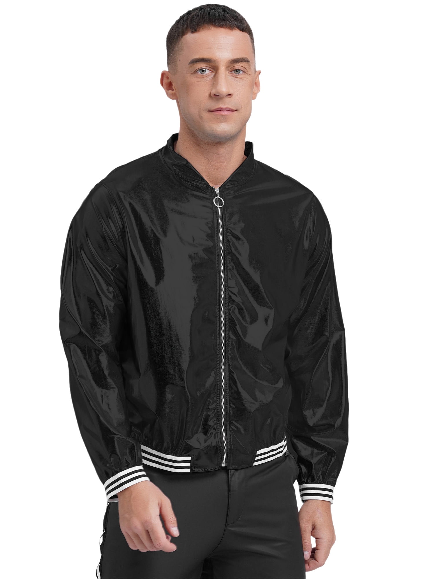 DPOIS Men's Shiny Metallic Bomber Jacket 70s Disco Shirt Clubwear Black ...