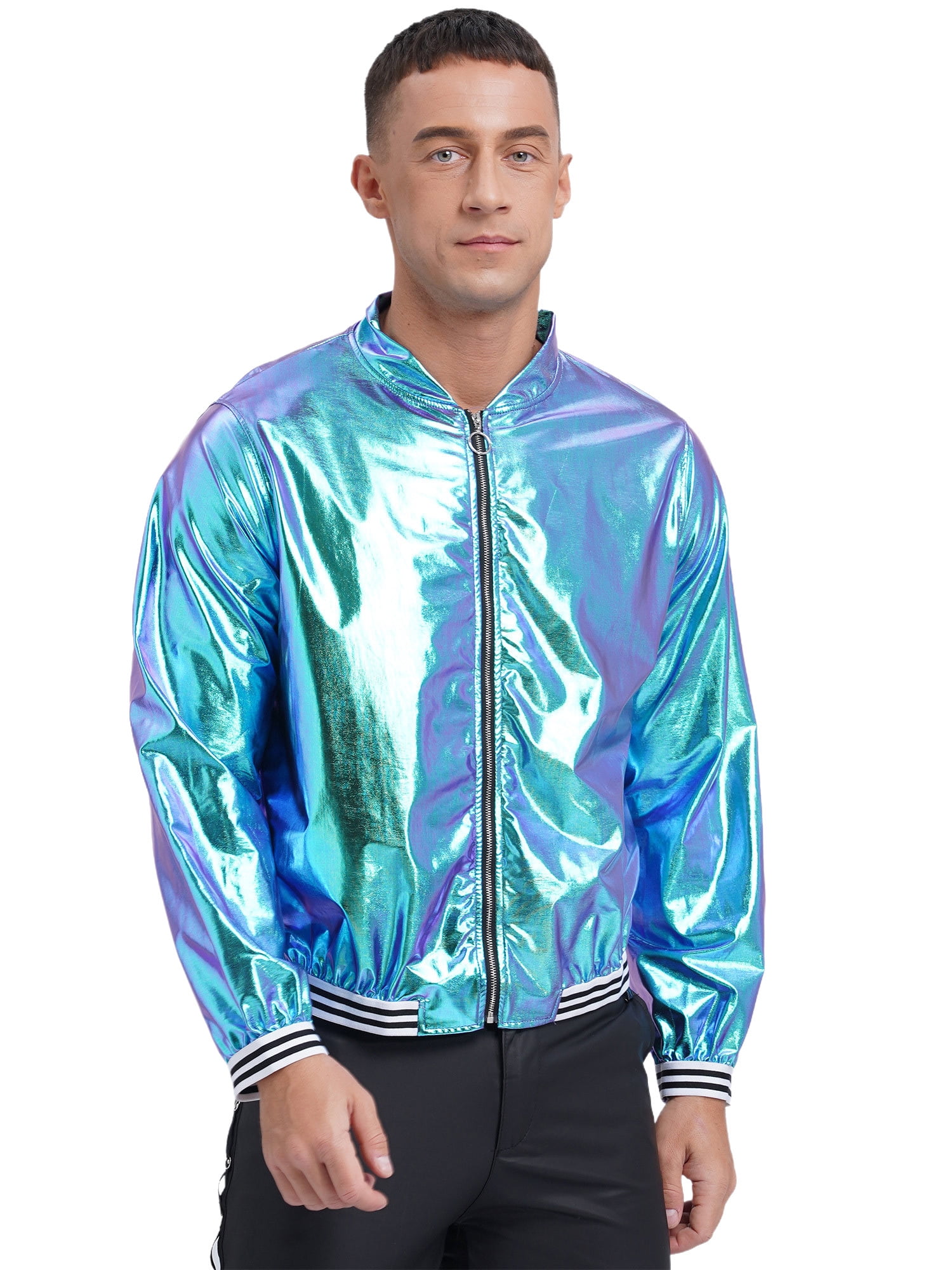 DPOIS Men's Shiny Metallic Bomber Jacket 70s Disco Shirt Clubwear Blue ...