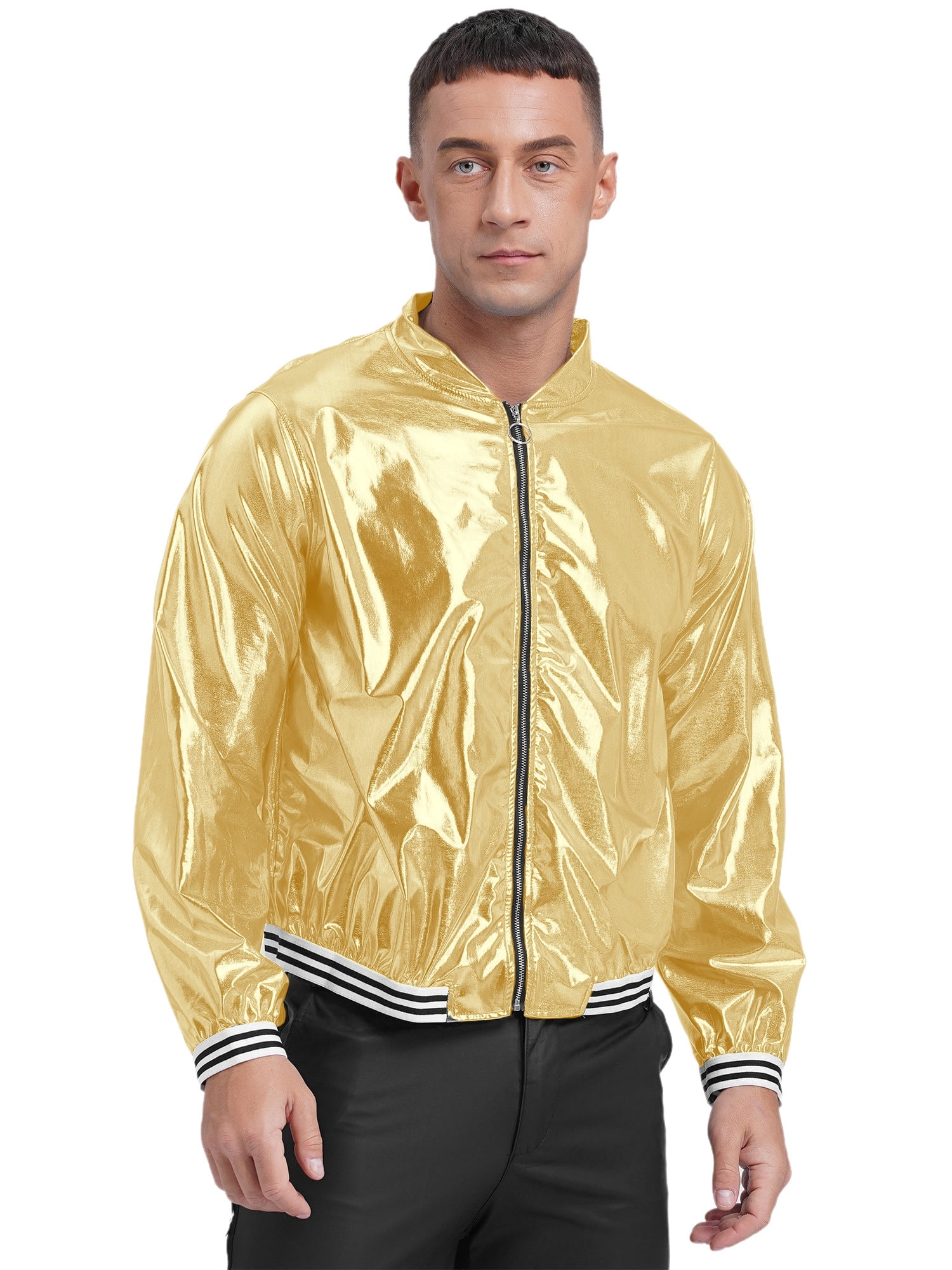DPOIS Men's Shiny Metallic Bomber Jacket 70s Disco Shirt Clubwear Gold ...