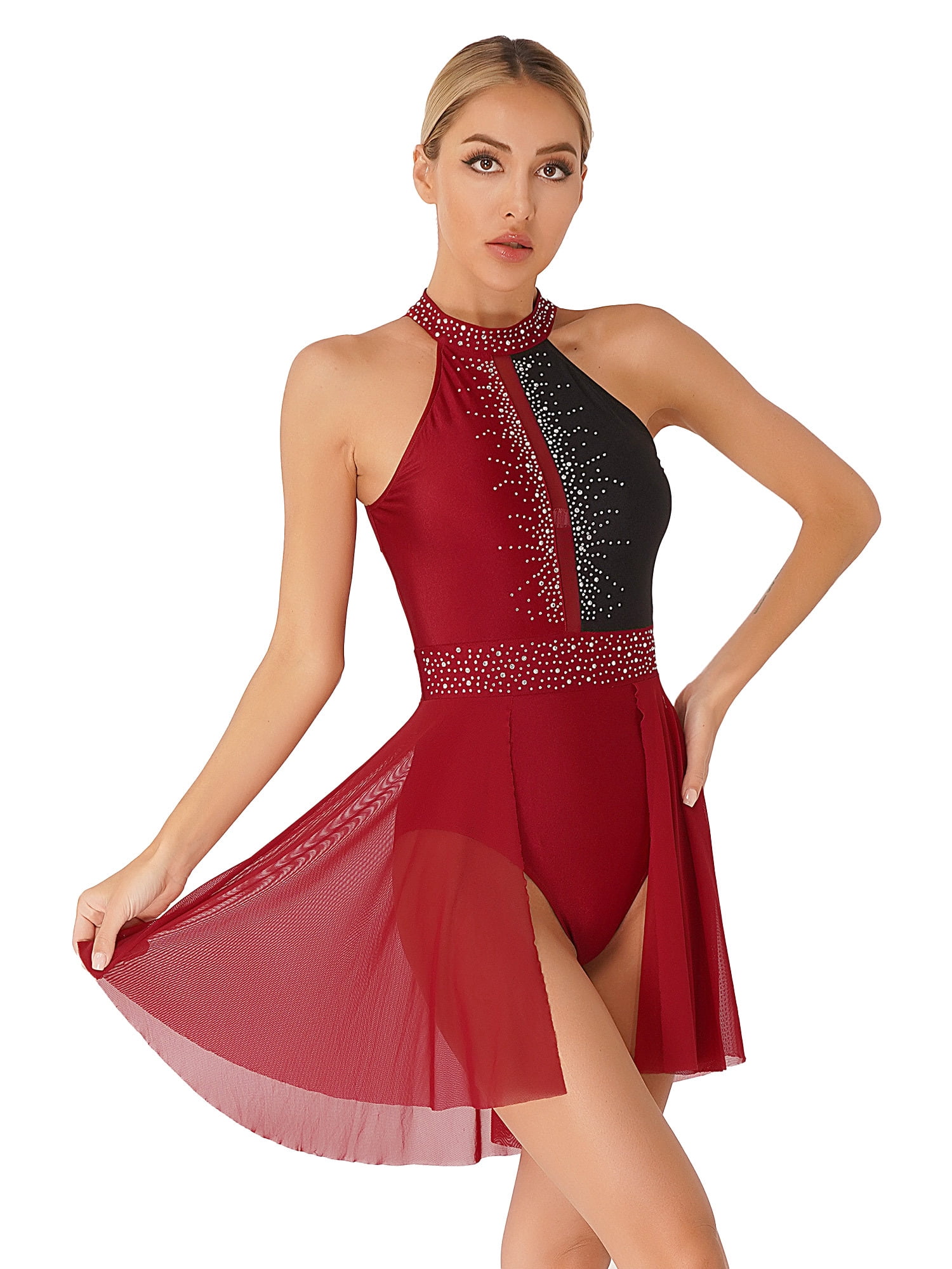DPOIS Women Glitter Rhinestone Lyrical Dance Dress Ballet Leotard Dresses Burgundy S - Walmart.com