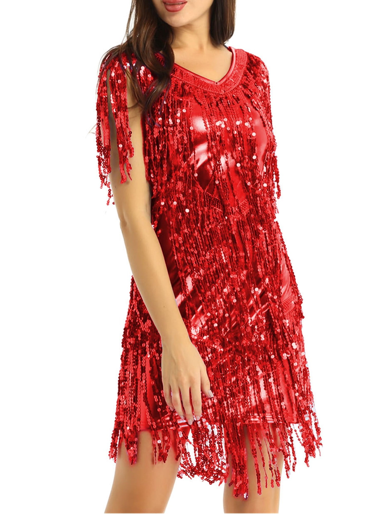 DPOIS Women Shiny Sequins Fringed Dresses 1920s Cocktail Party Flapper ...