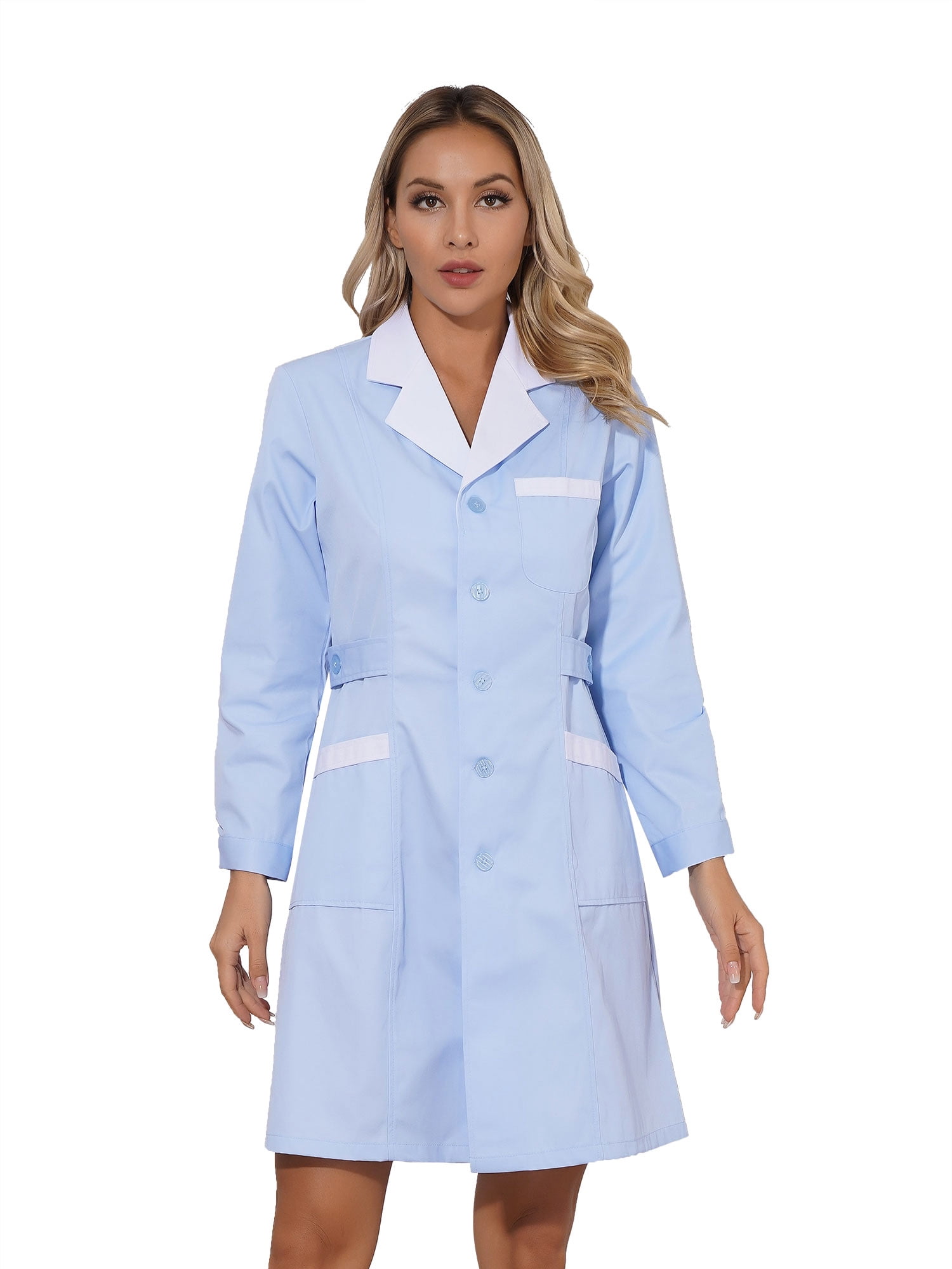 DPOIS Women's Lab Coat Doctor Nurse Long Sleeve Medical Coat Blue ...