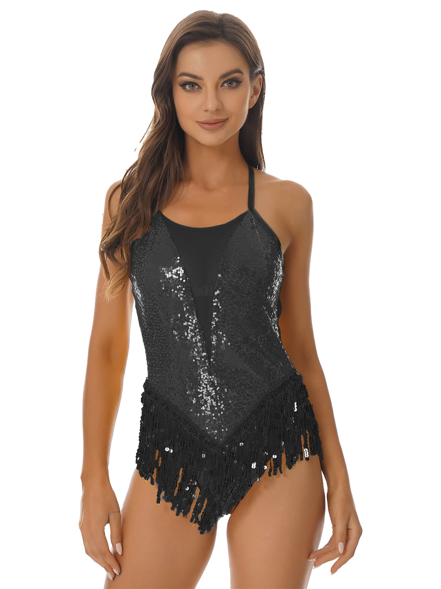 DPOIS Women's Sequin Fringe Tassel Skirted Leotards Jazz Dance Bodysuit Costume Black S ...