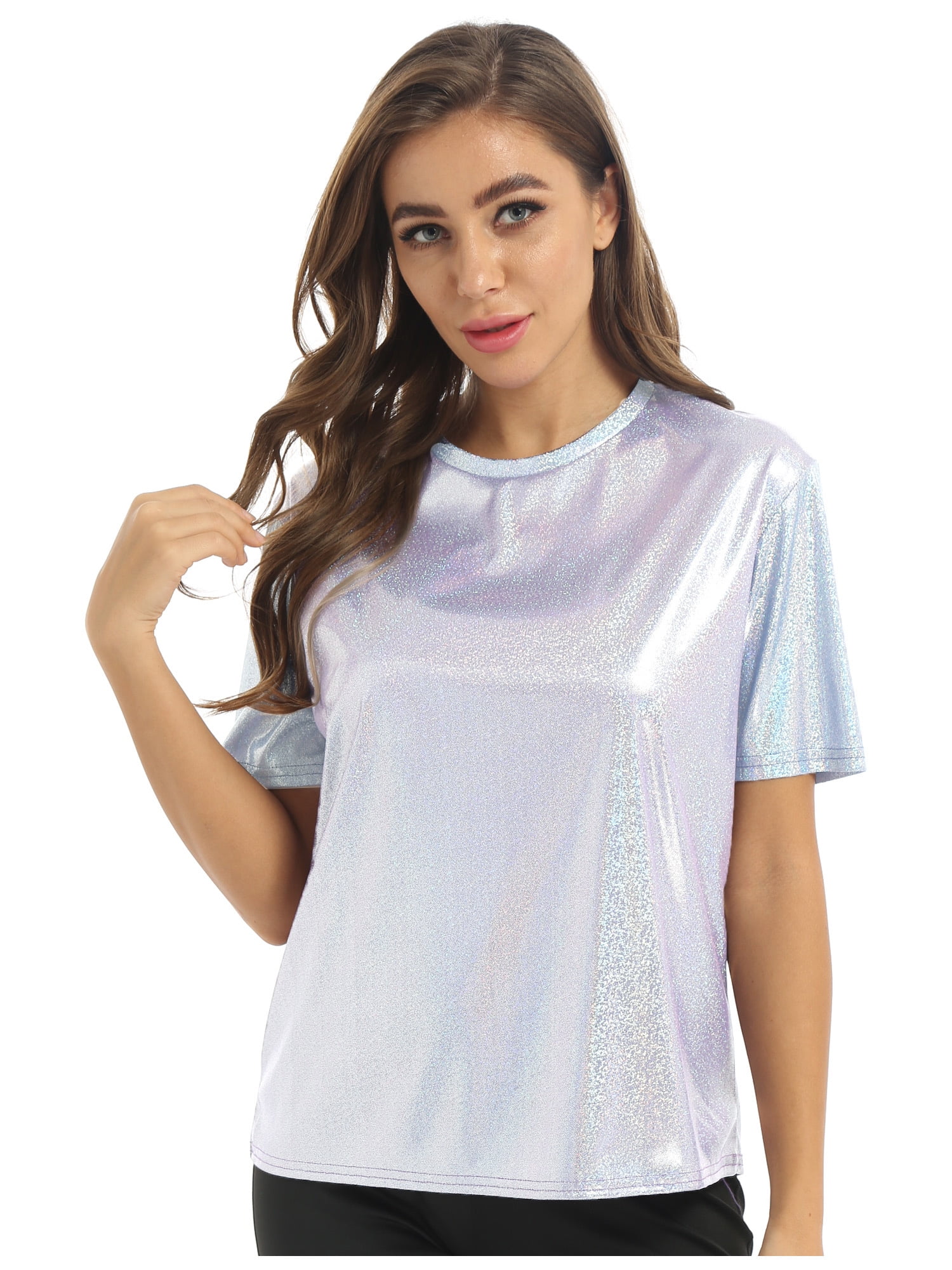 DPOIS Women's Shiny Tops Holographic Metallic Shirt Shimmer Glitter ...