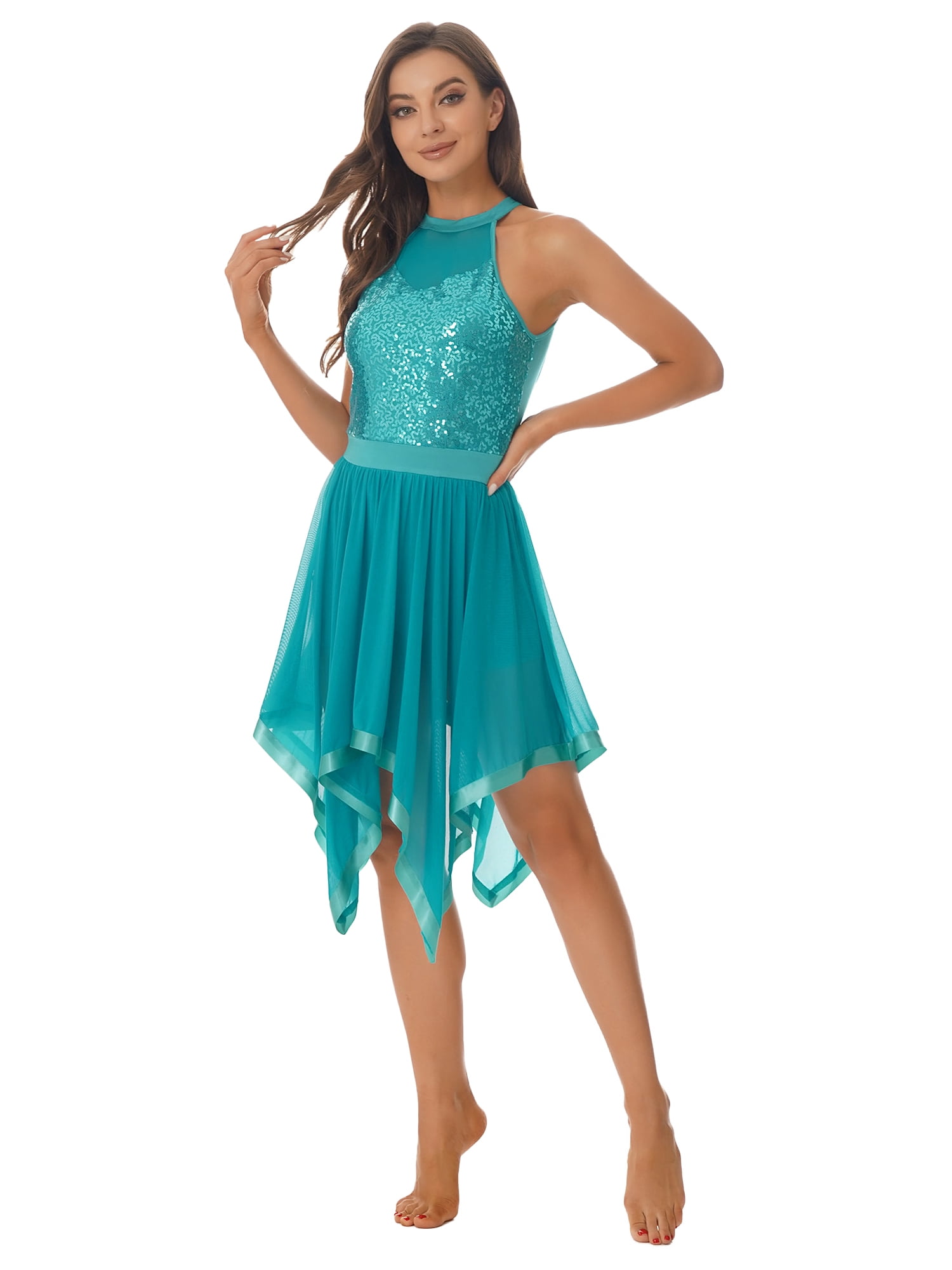 DPOIS Womens Asymmetrical Dance Dress Hem Mesh Lyrical Dance Costume ...