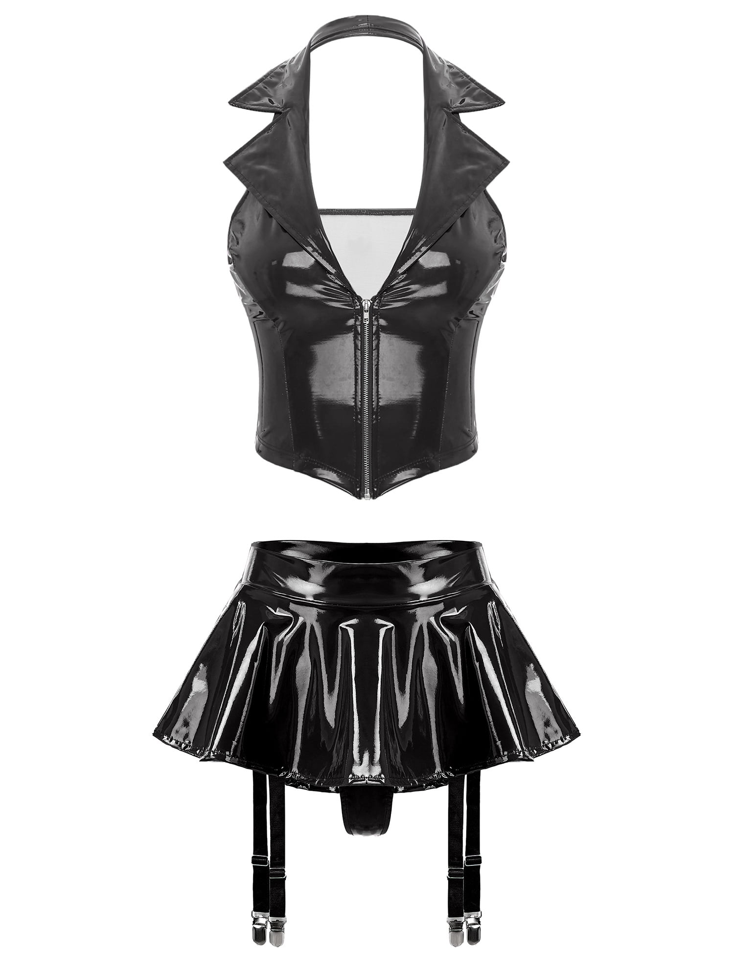 DPOIS Womens Leather Outfits Halter Crop Tops+Skirts for Rave Party ...