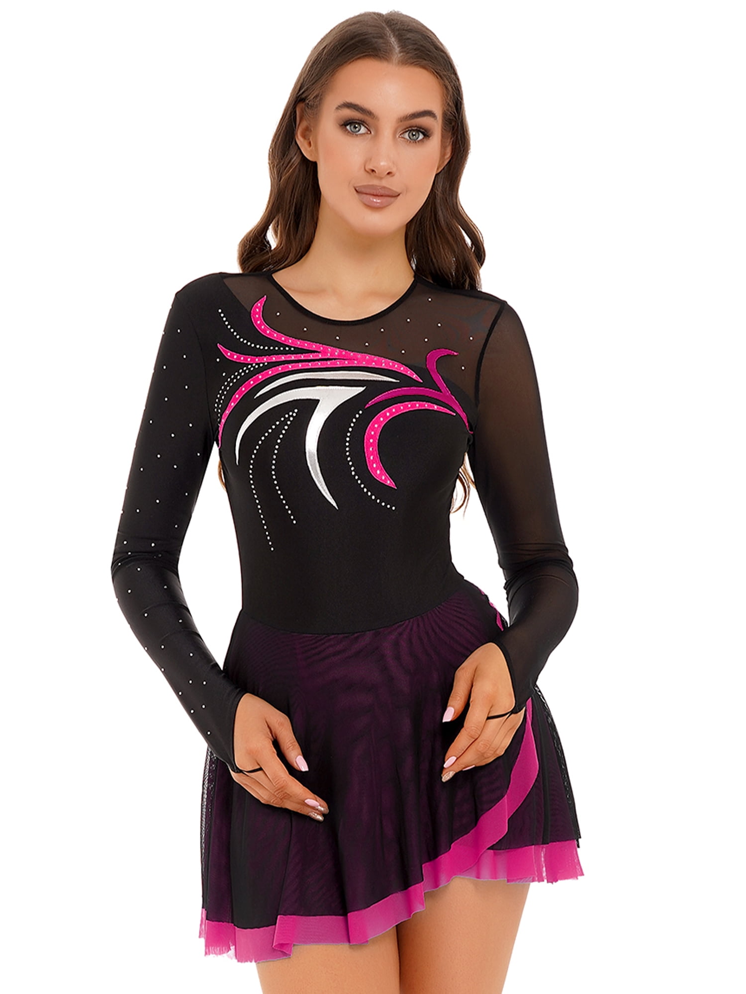 DPOIS Womens Long Sleeve Sheer Mesh Figure Skating Dress Ballet ...