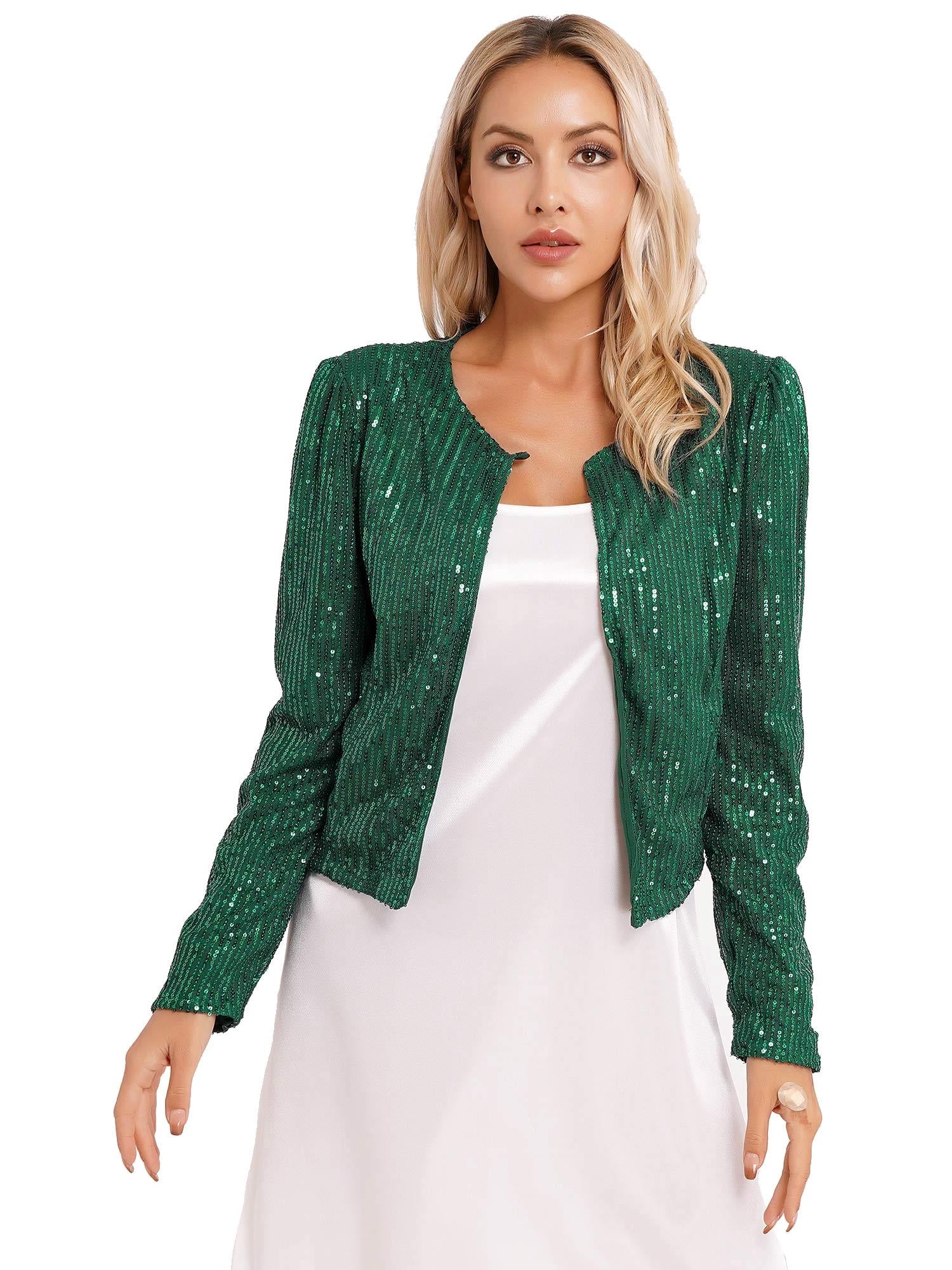 DPOIS Womens Sequin Jacket Long Sleeve Open Front Blazer Evening Party ...