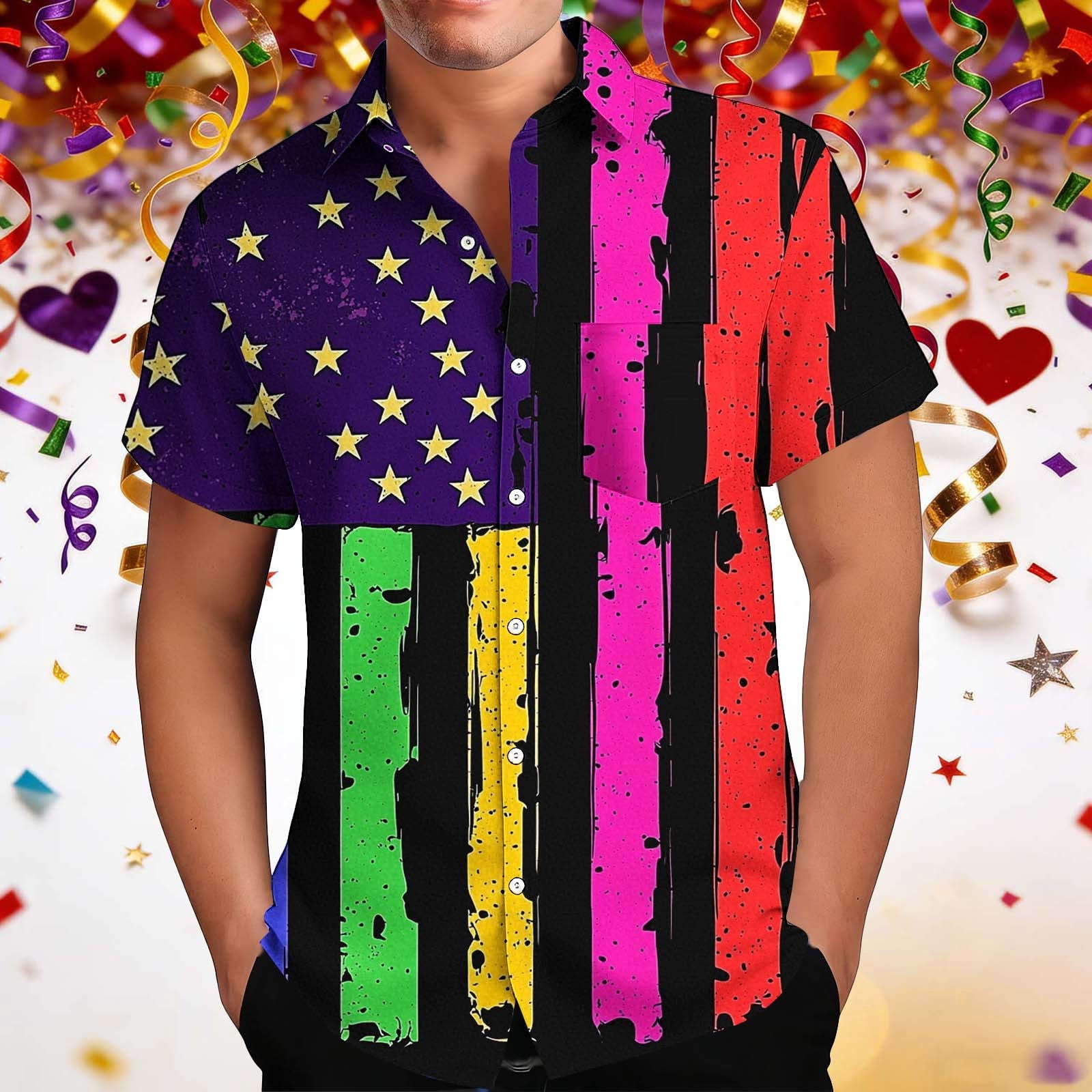 DPTALR George Men's Carnival Fashion Print Button-Up Short Sleeve ...