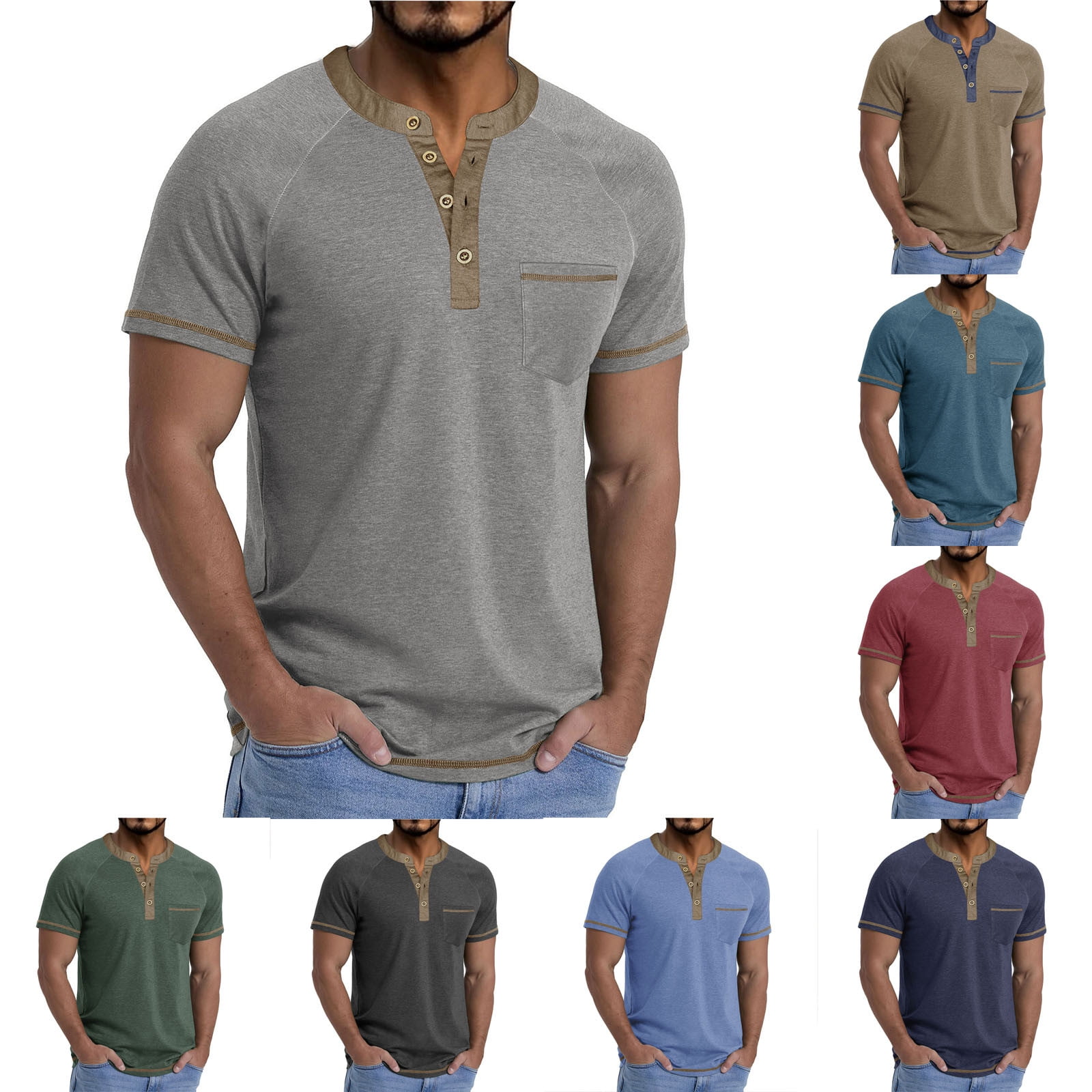 DPTALR George Men's Casual Fashion Button Down Solid Patchwork Short ...