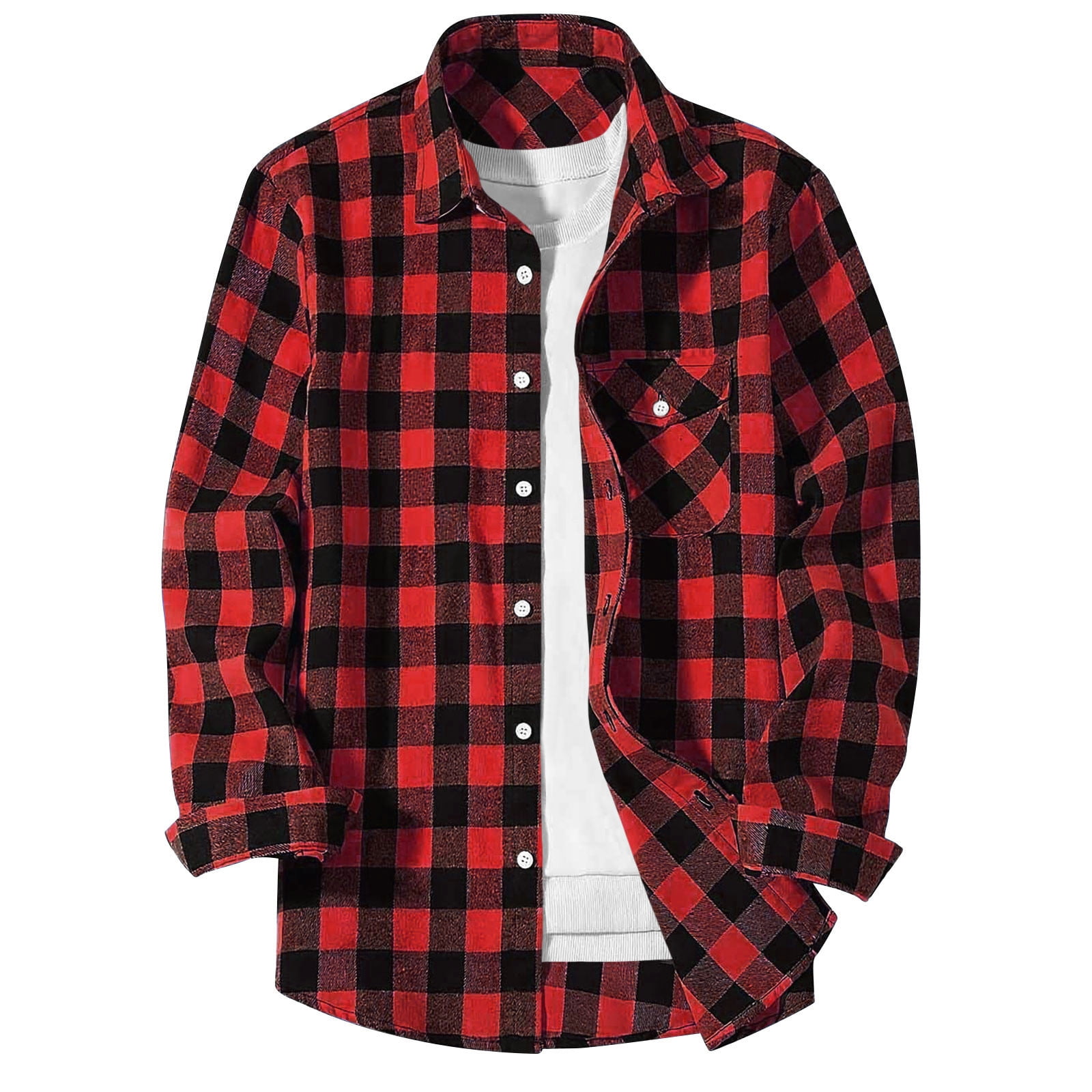 DPTALR Men's Casual Fashion Plaid Turn-Down Collar Button-Up Long ...