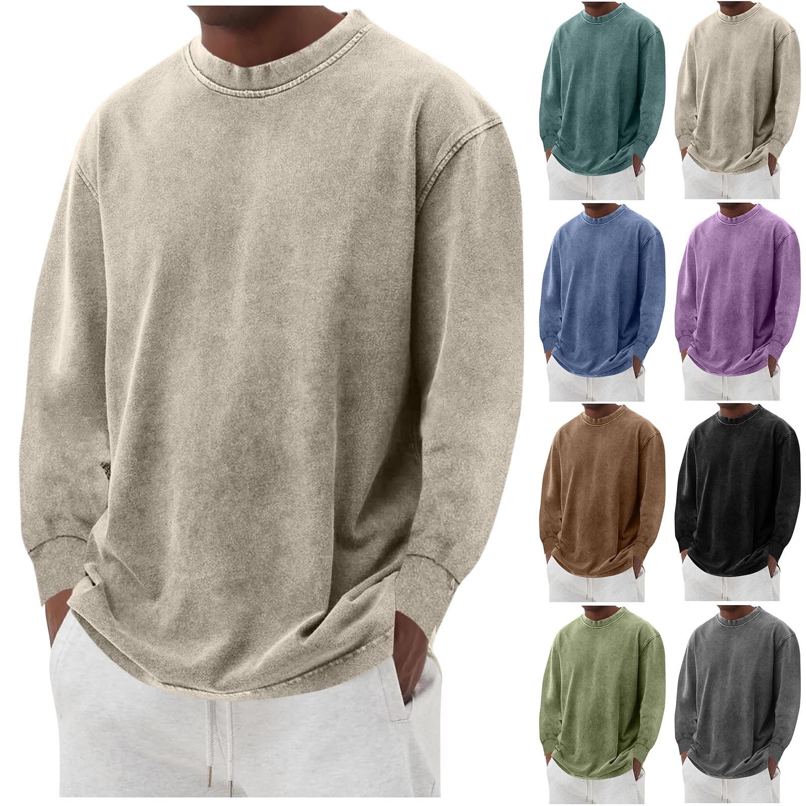 DPTALR George Men's Casual Solid Color Loose Crew Neck Long Sleeve T ...