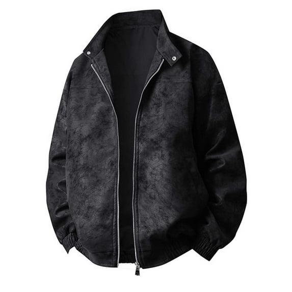 DPTALR George Men's Classic Round Neck Leather Jacket Solid Color Long ...