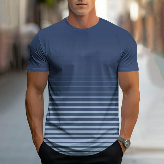 DPTALR George Men's Fashion Gradient Striped Print Round-Neck Short ...