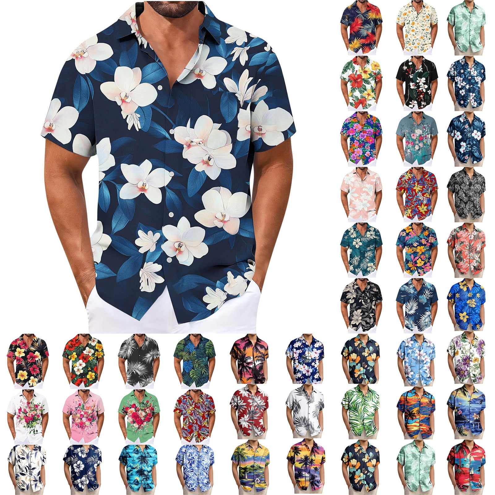 DPTALR George Men's Hawaiian Print Turndown Collar Button Up Shirt ...
