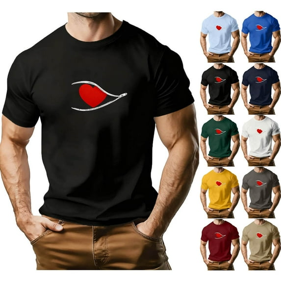 DPTALR George Men's Heart Print Round Neck Short Sleeve Casual Sport T ...