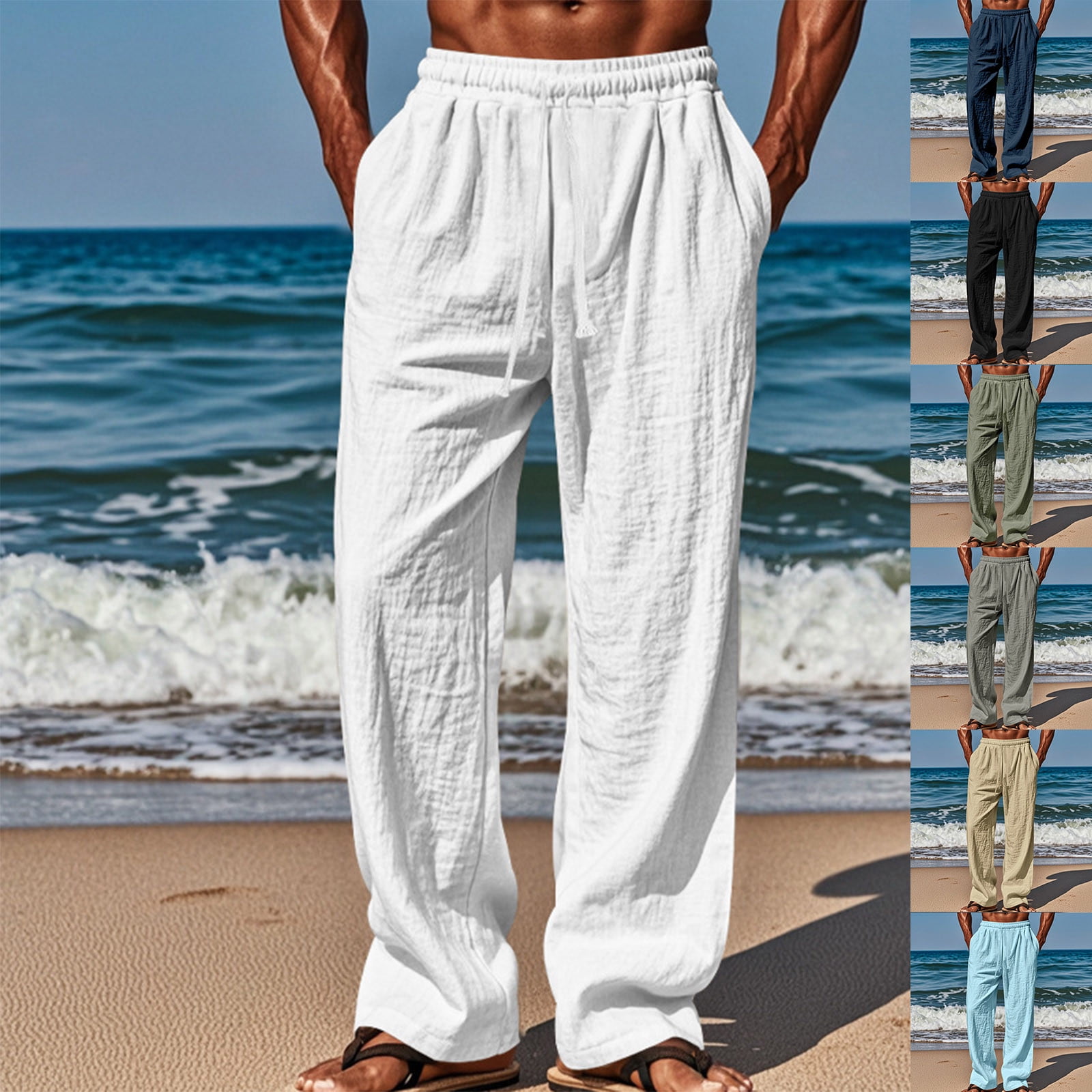 DPTALR George Men's Linen Blend Beach Casual Pants Elastic Waist ...