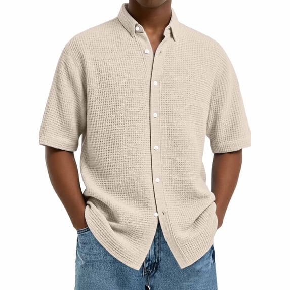 DPTALR Men's Slim Fit Solid Button Shirt Short Sleeve Turndown Collar ...