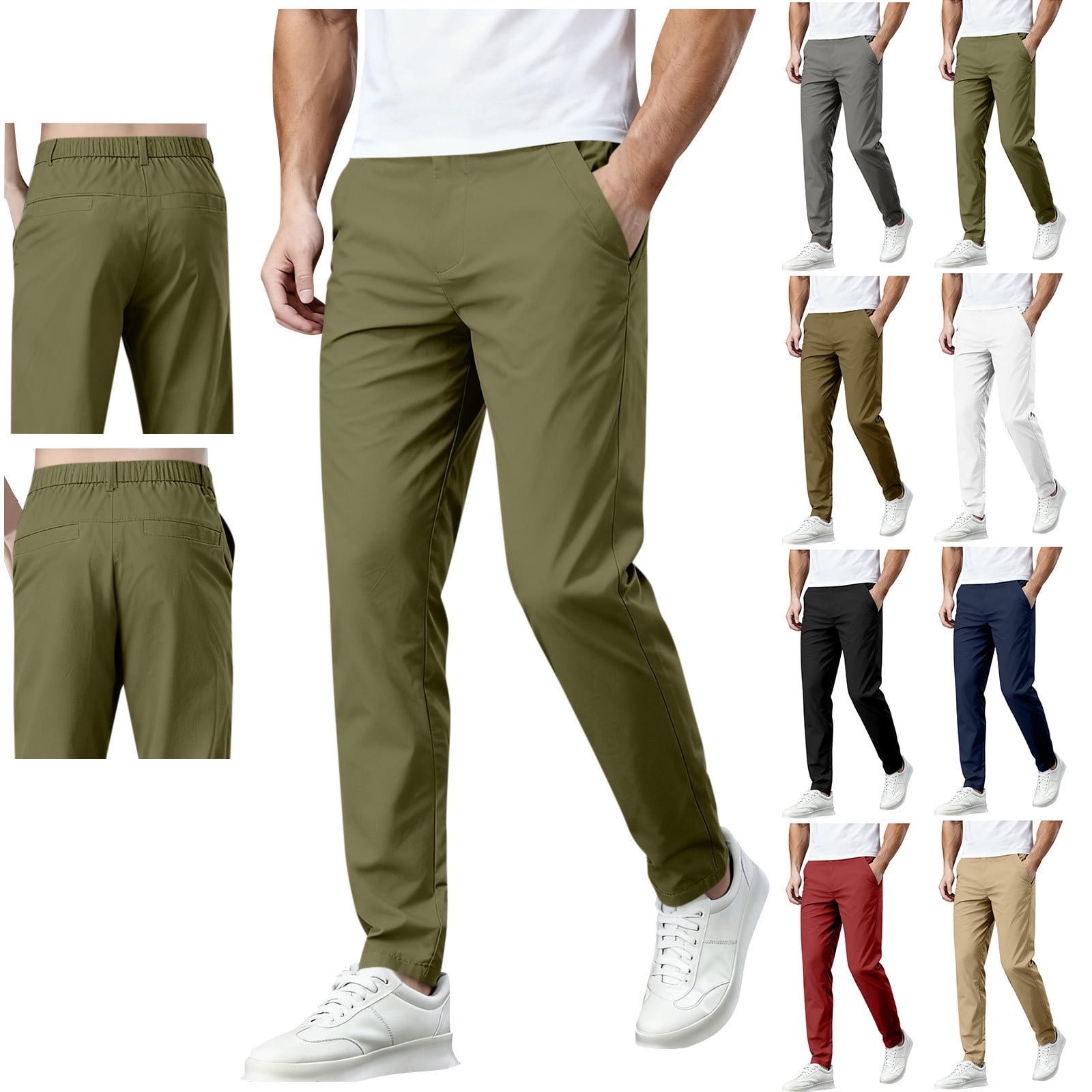 DPTALR George Men's Solid Color Elastic Waist Casual Full-Length Pants ...