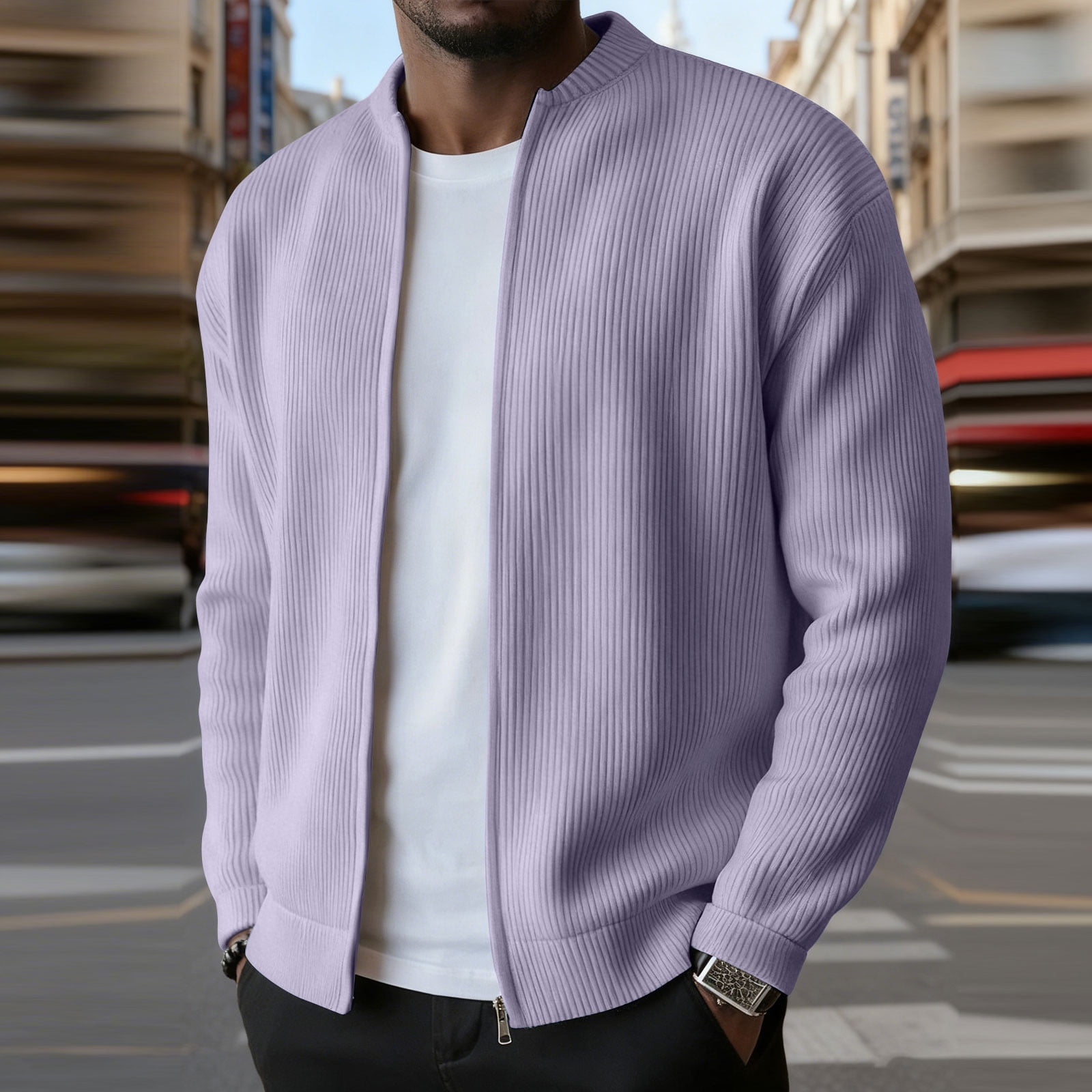 DPTALR George Men's Solid Color Hoodless Zipper Cardigan Long Sleeve ...