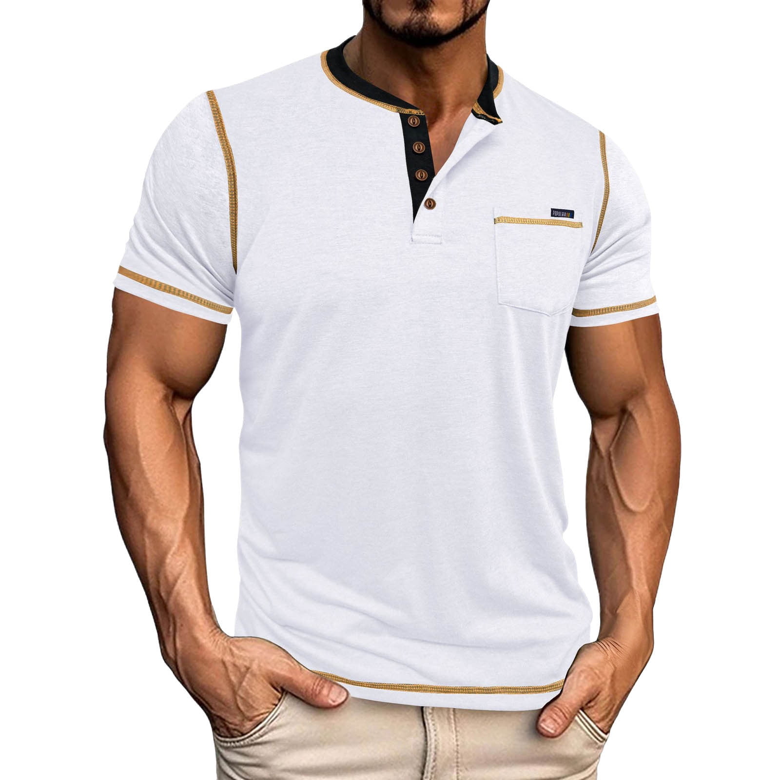 DPTALR Men's Solid Color Round Neck Button Casual Breathable Short ...