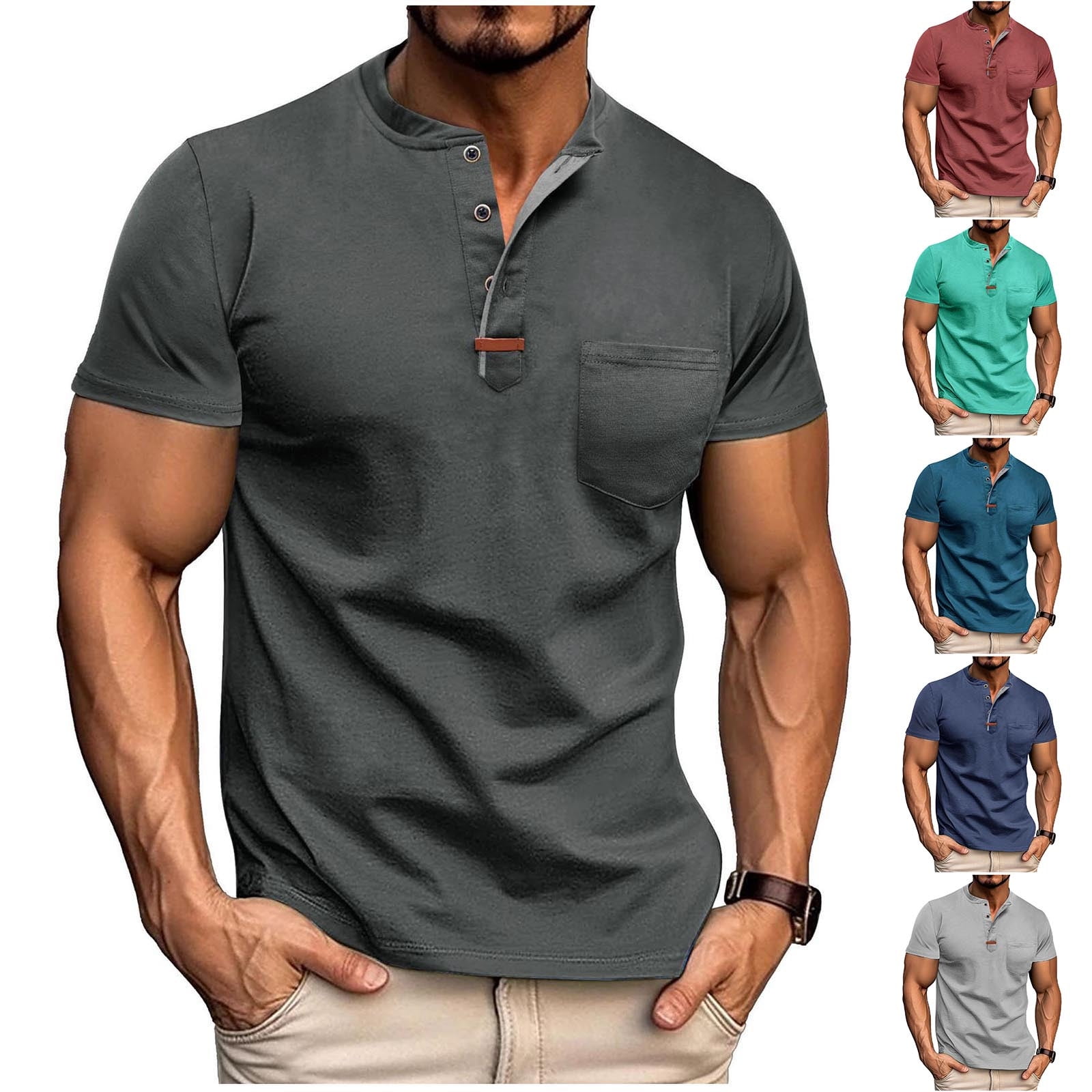 DPTALR George Men's Solid Color Turndown Collar Half-Button Placket ...