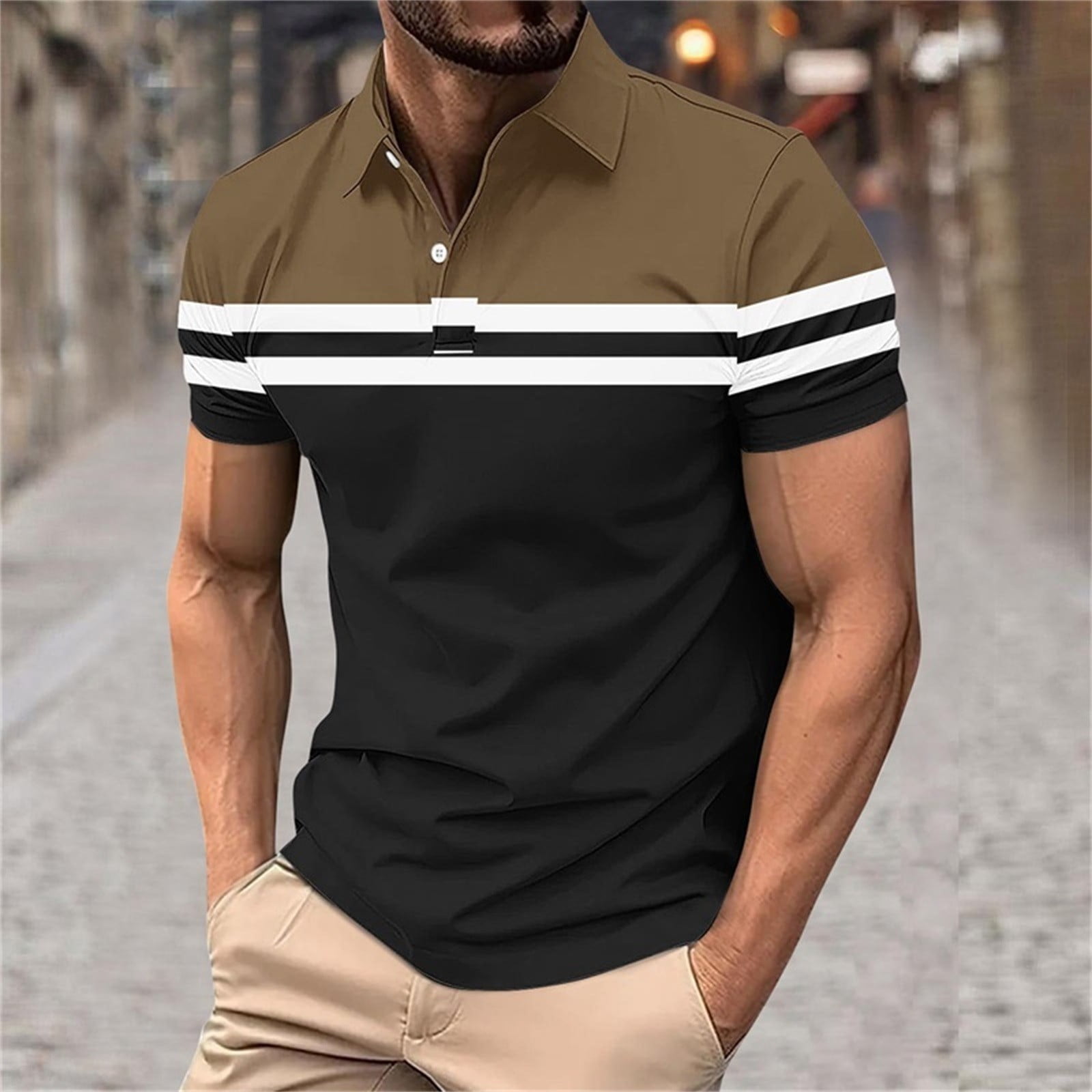 DPTALR George Men's Striped Print Button-Down Turndown Collar Short ...
