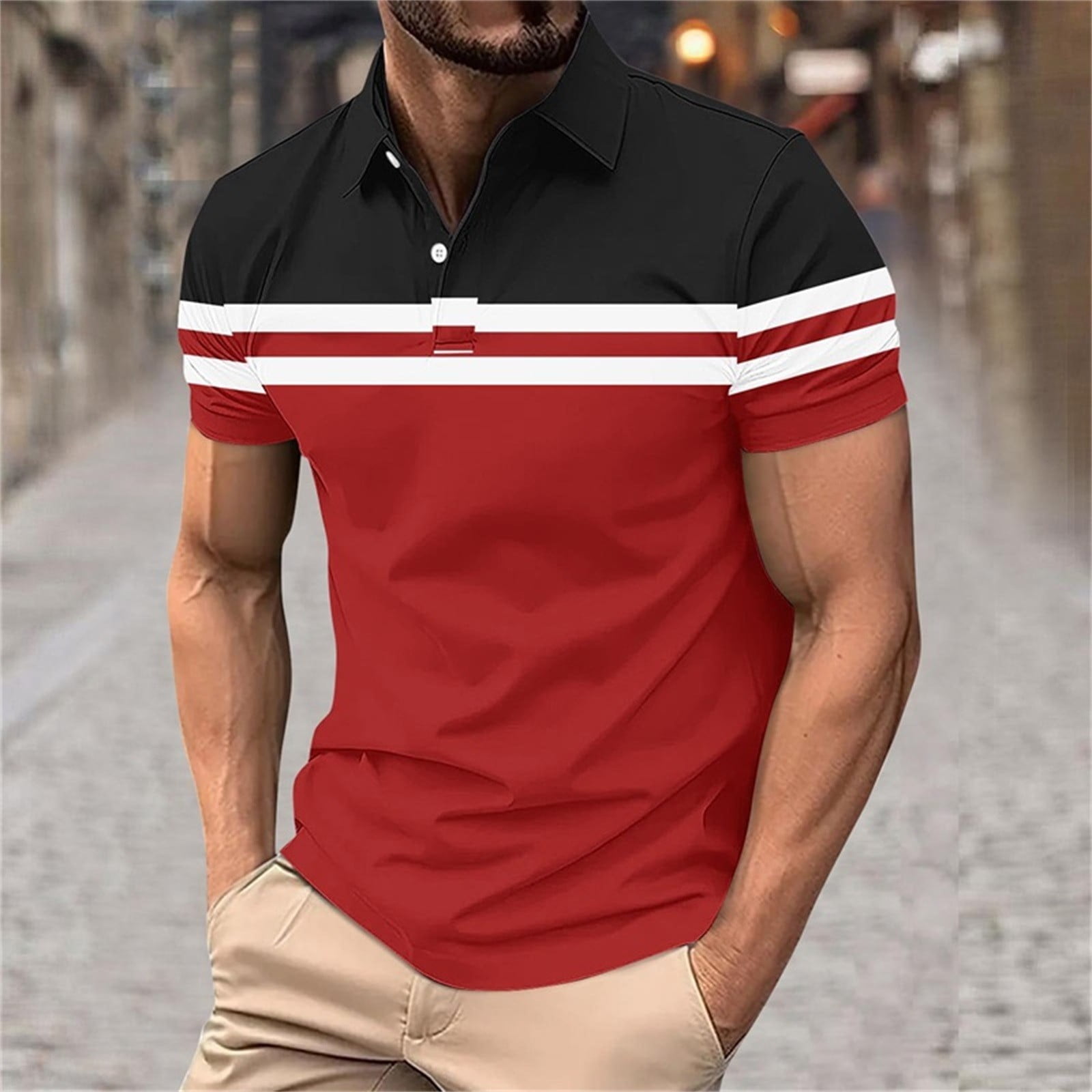 DPTALR George Men's Striped Print Button-Down Turndown Collar Short ...