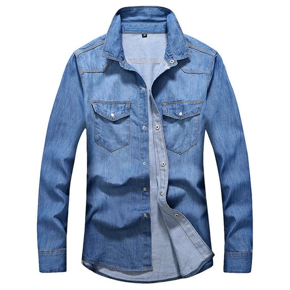 DPTALR George Men's Vintage Denim Shirt Jacket Lapel Button Long Sleeve ...