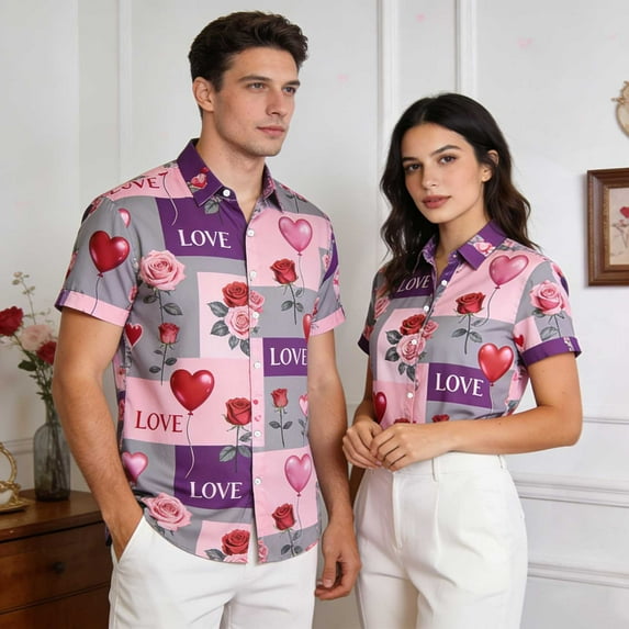 DPTALR George Unisex Valentine's Day Printed Button Shirt Short Sleeve ...