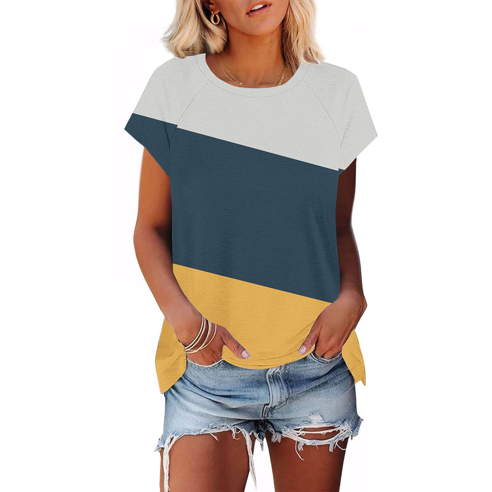 DPTALR George Women's 2025 Summer Color Block Casual Short Sleeve Crew ...