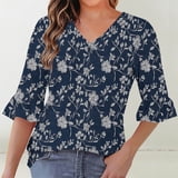 DPTALR George Women's 3/4-Length Sleeve V-Neck Casual Loose Fit Tunic ...