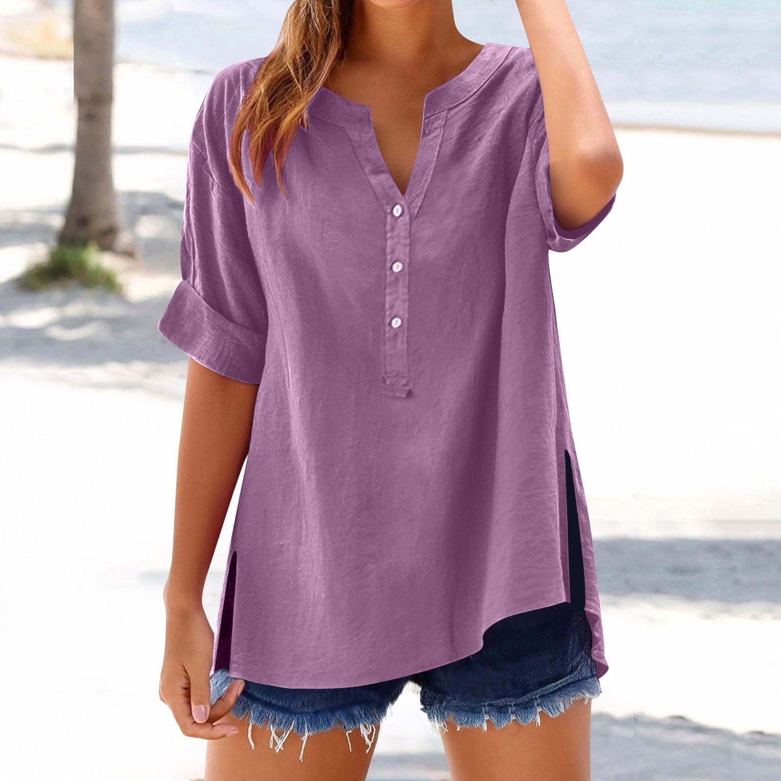 DPTALR George Women's Solid Color Imitation Linen Short Sleeve V-Neck ...