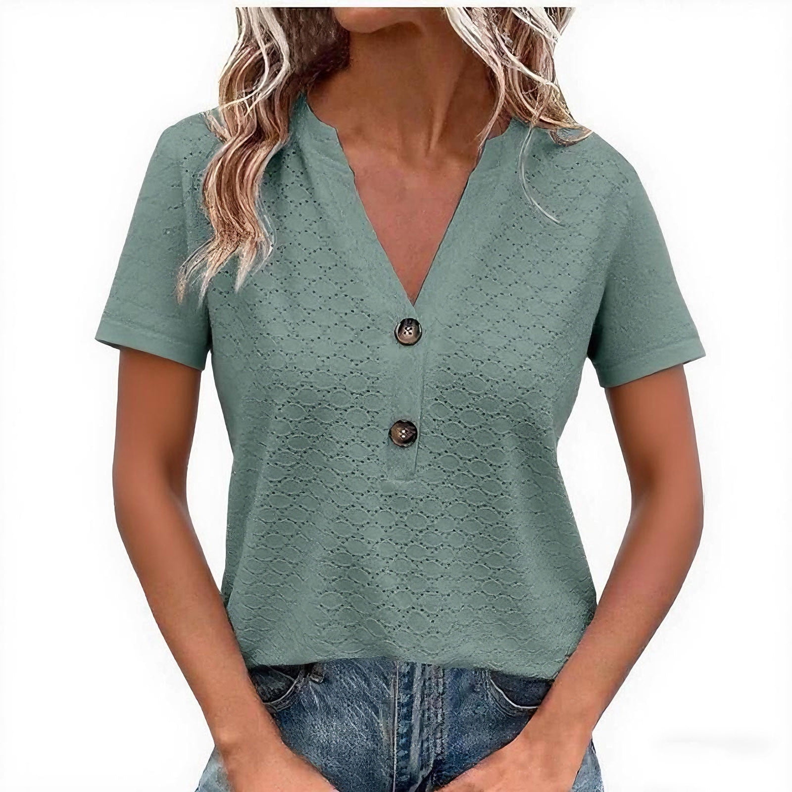 DPTALR George Women's Trendy Short Sleeve V-Neck Eyelet Shirts,Dressy ...