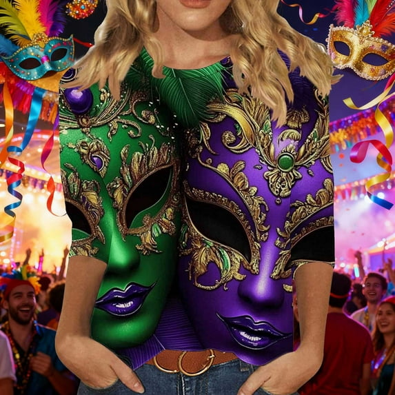 DPTALR Mardi Gras Women's Casual Print Crew Neck Three-Quarter Sleeve ...