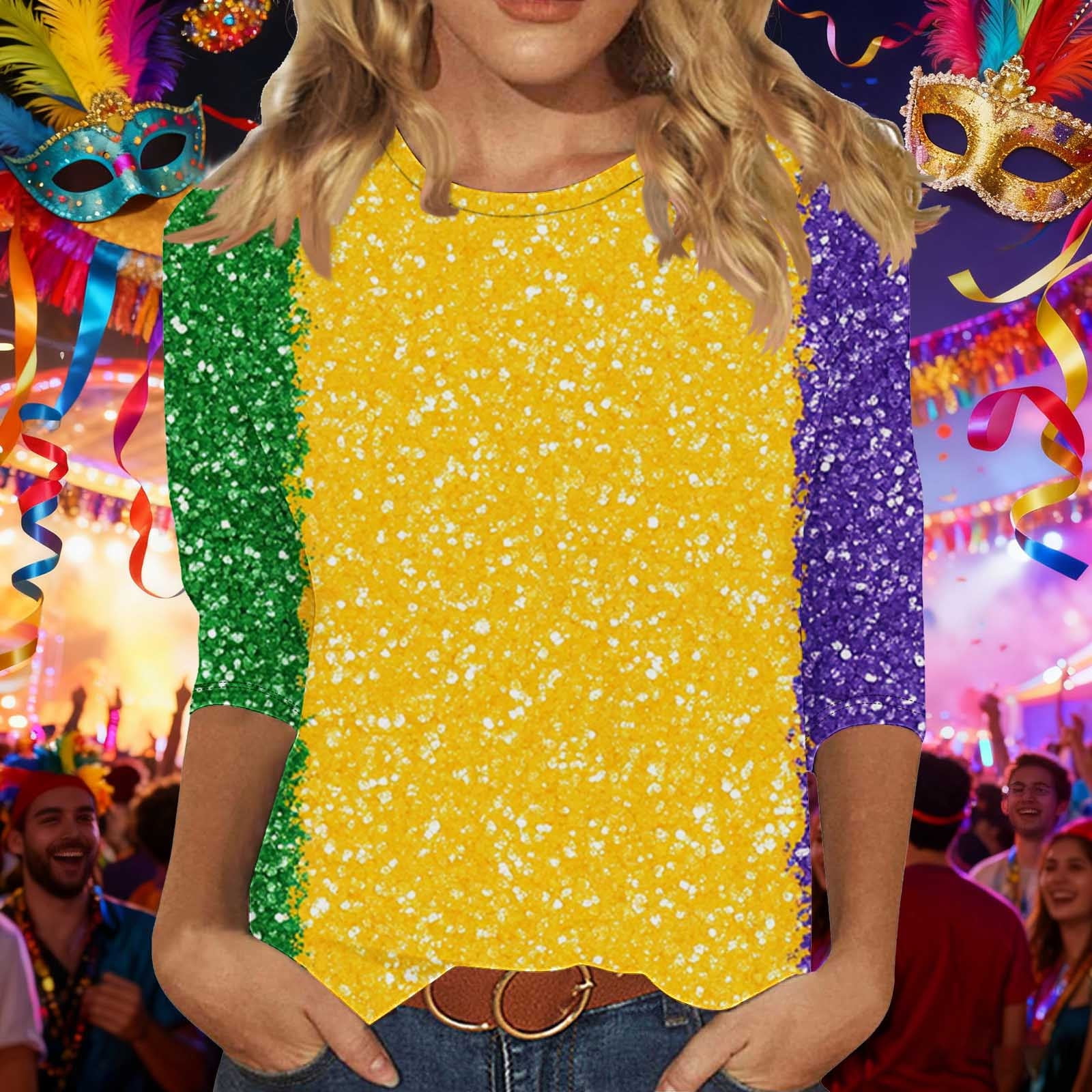 DPTALR Mardi Gras Women's Casual Print Crew Neck Three-Quarter Sleeve ...