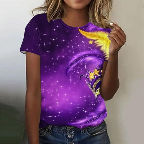 DPTALR Mardi Gras Women's Casual Printed Round Neck Short Sleeved ...