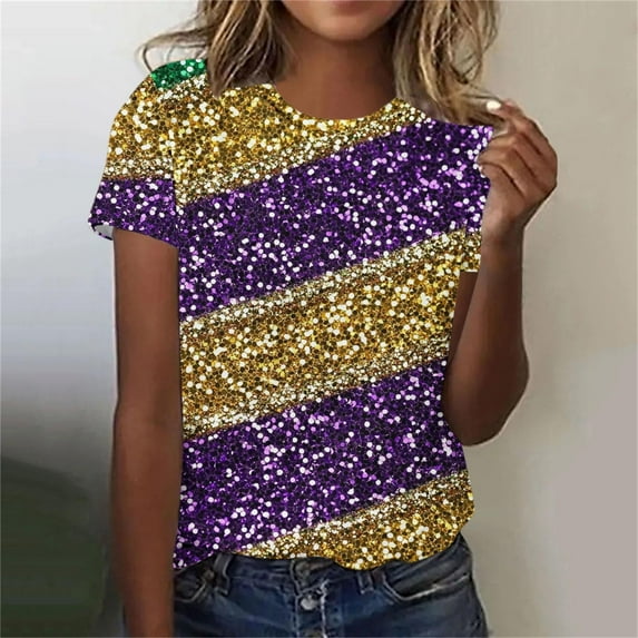 DPTALR Mardi Gras Women's Casual Printed Round Neck Short Sleeved ...