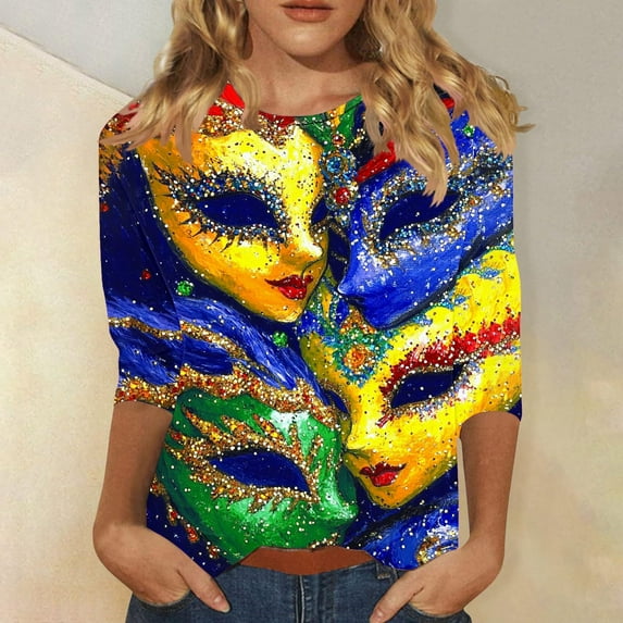 DPTALR Mardi Gras Women's Fashion Casual Printed Round Neck Three ...