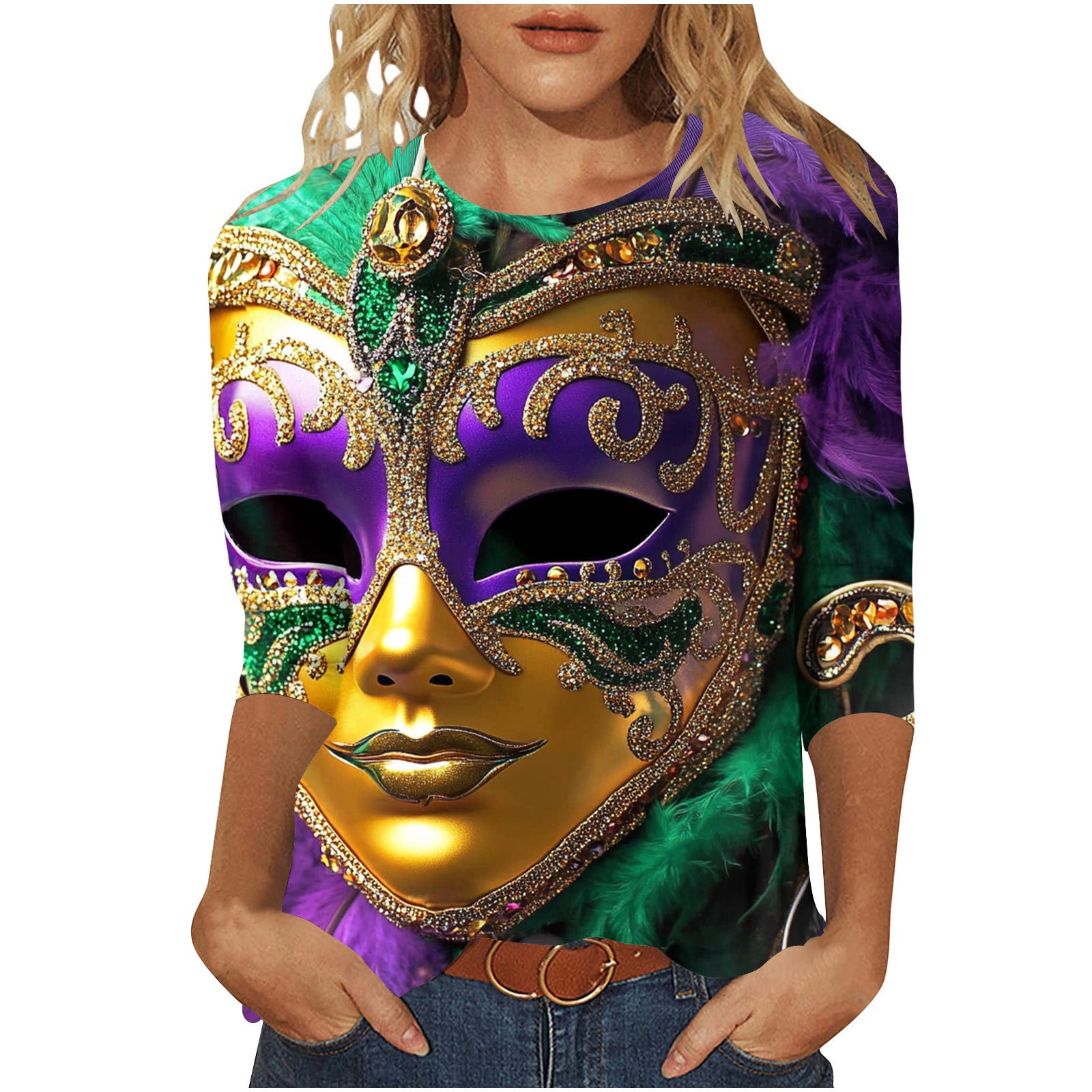 DPTALR Mardi Gras Women's Fashion Printed Casual Round-Neck Three ...