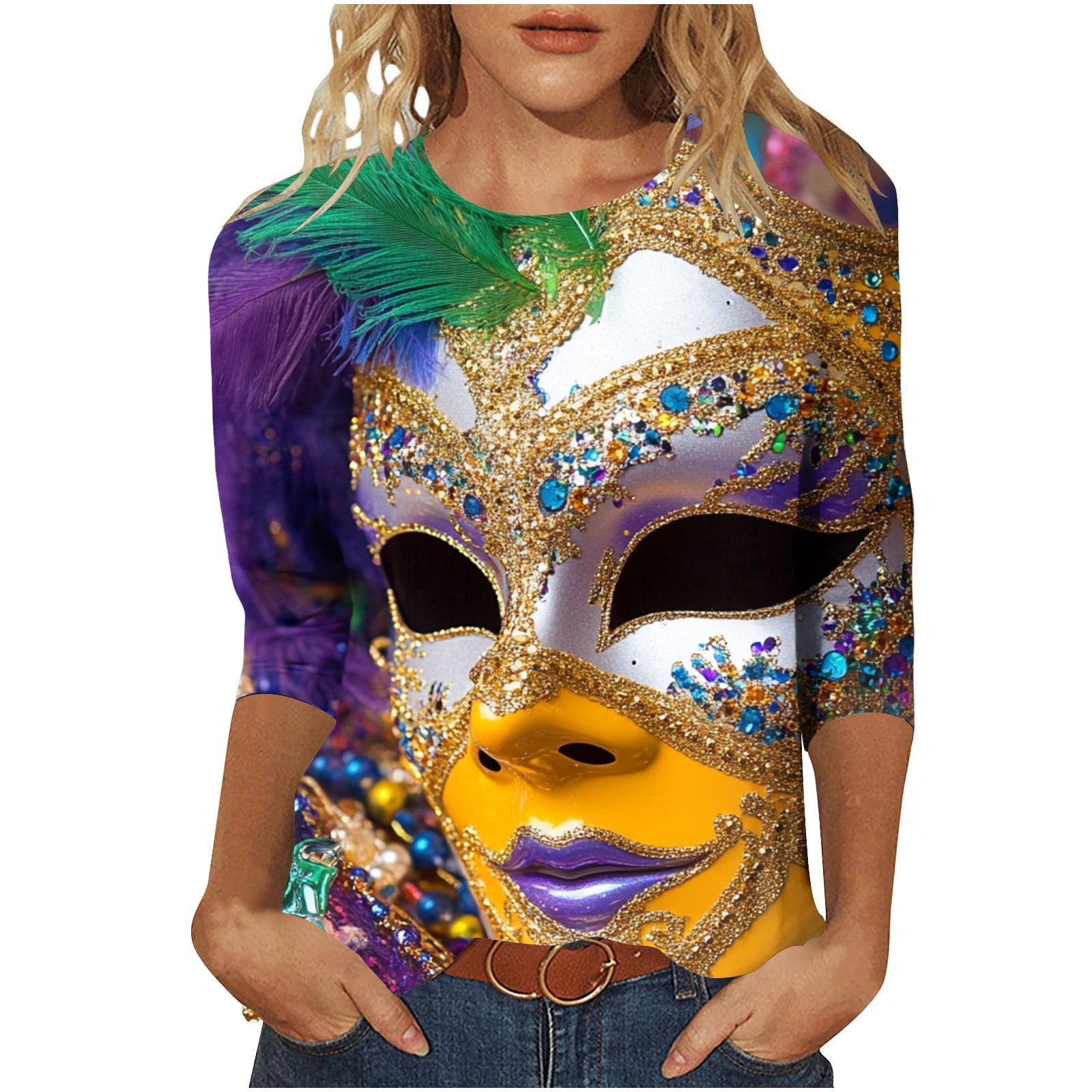 DPTALR Mardi Gras Women's Fashion Printed Casual Round-Neck Three ...