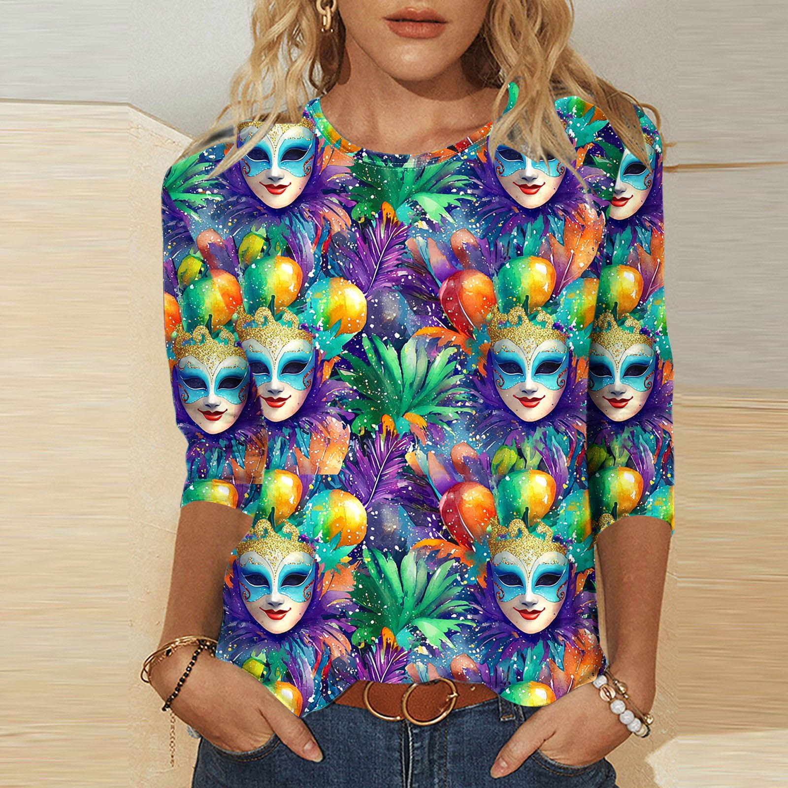DPTALR Mardi Gras Women's Fashion Round Neck Three-Quarter Sleeve Loose ...