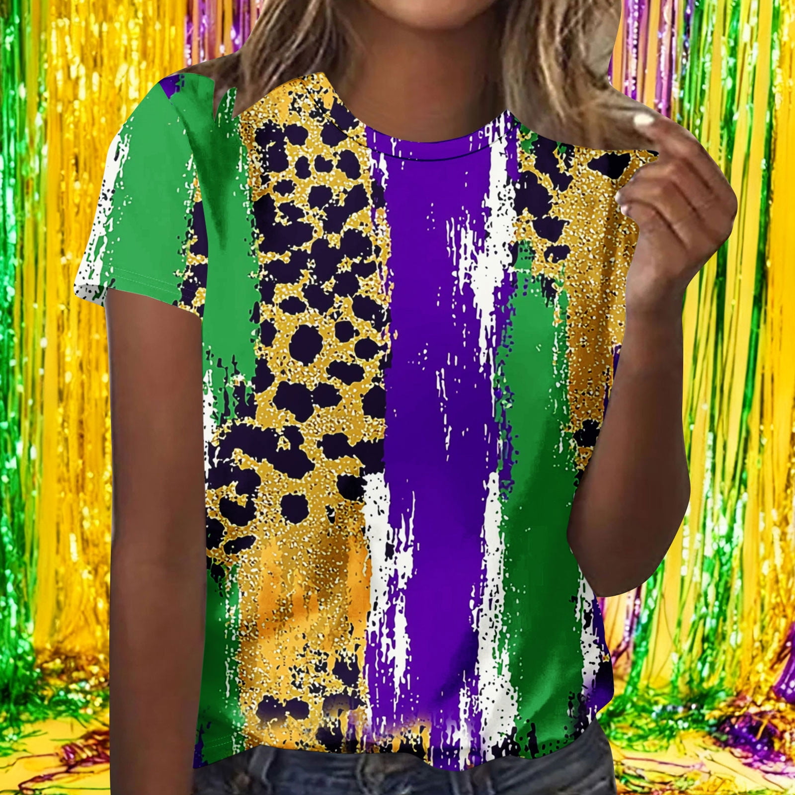 DPTALR Mardi Gras Women's Fashionable Printed Round Neck Short Sleeved ...